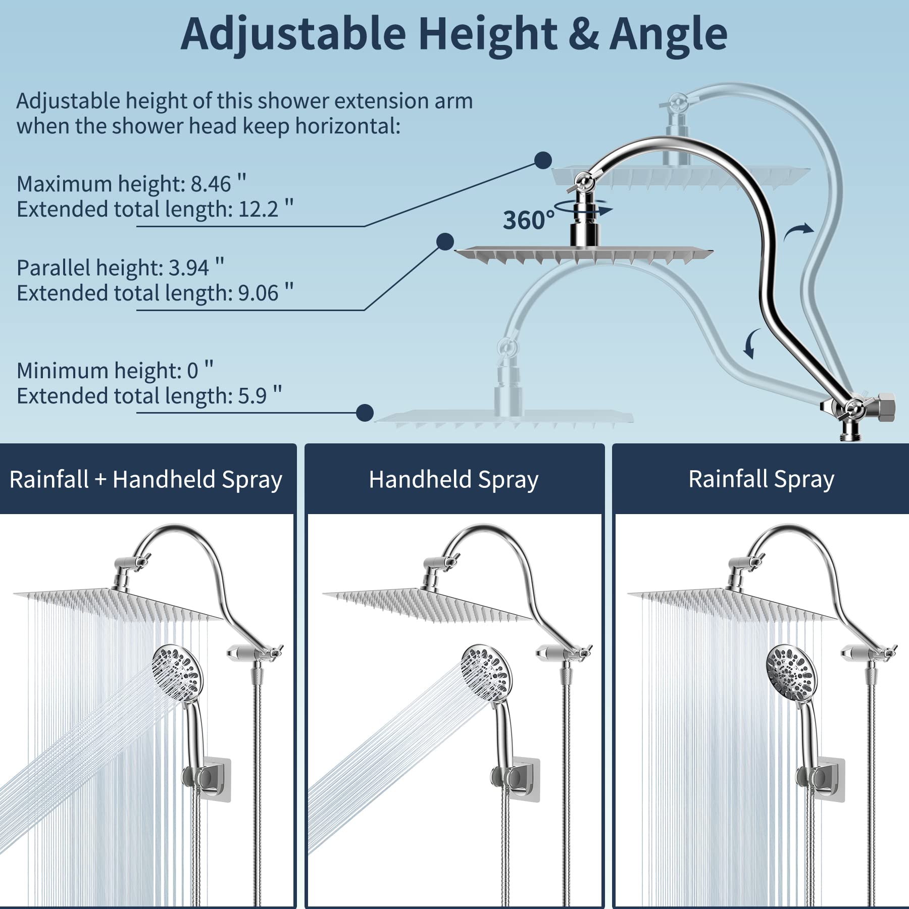 Hibbent All Metal Shower Head, 10'' High Pressure Rainfall Shower Head/Handheld Showerhead Combo with 12'' Adjustable Curved Shower Extension Arm, 7-Spray, 71'' Shower Hose, Showerhead Holder, Chrome