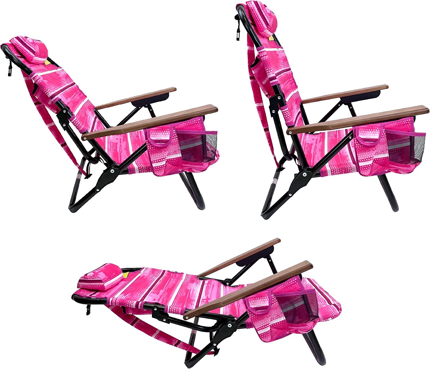 EasyGo Product Backpack Beach Chair 5 Positions and Cup Holder Pouch on Side Padded Pillow Storage Bag on Back Lightweight Rustproof Aluminum Black Frame, 2 Pack Pink & Blue