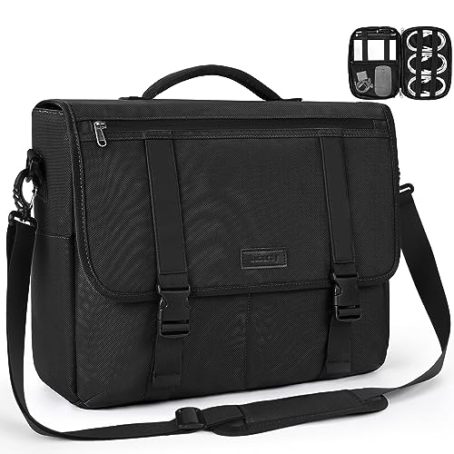 Mens Messenger Bag 15.6 Inch Waterproof Laptop Briefcase Large Satchel Shoulder Bag Office Travel Business Computer Laptop Bag Cable Organizer Bag Set 2pcs,Black