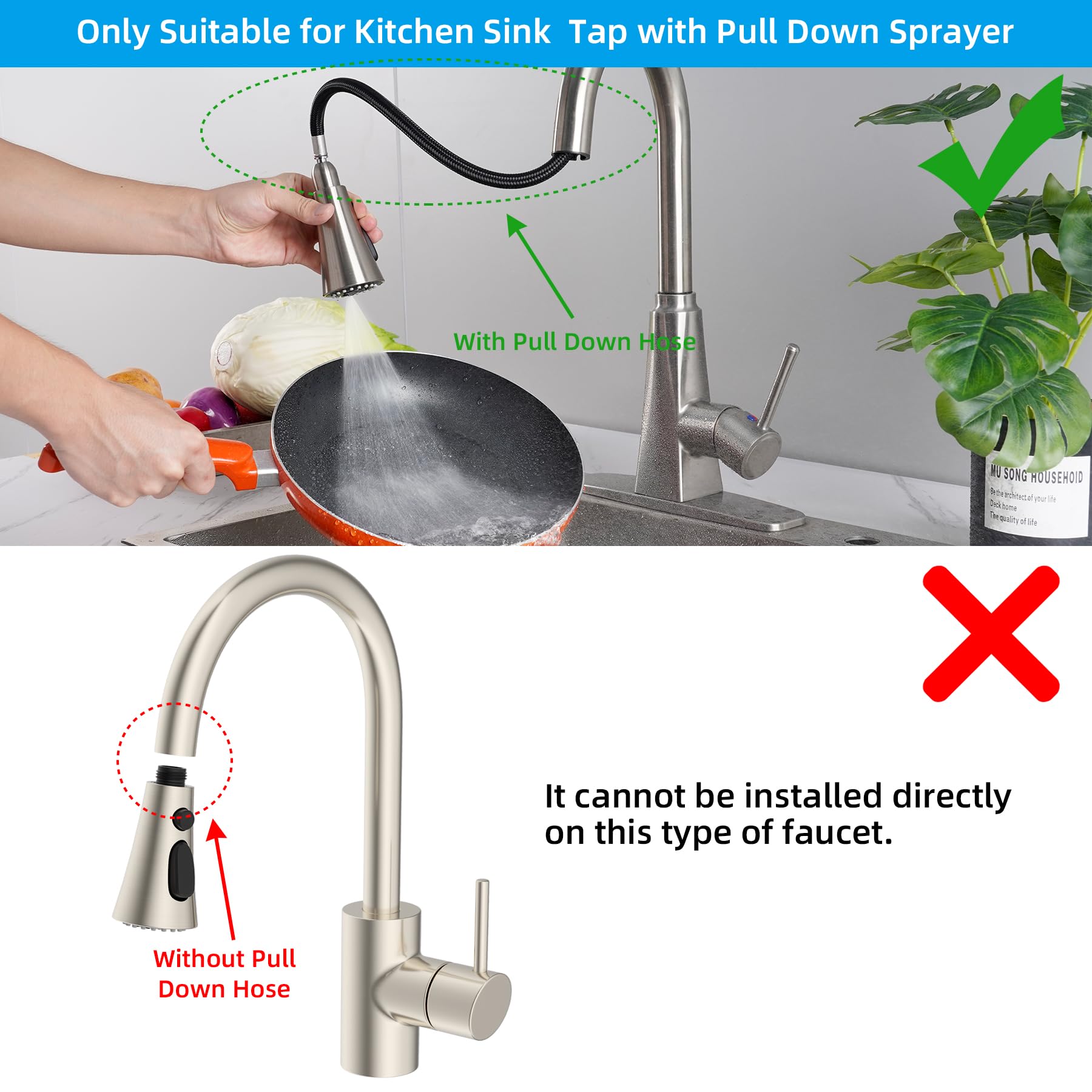 Hibbent Pull Down Kitchen Faucet Head Replacement, 3-Function Kitchen Faucet Head Sink Spray Nozzle with 9 Adapters Compatible with Moen, American Standard, Delta, Kohler Faucets, Brushed Nickel