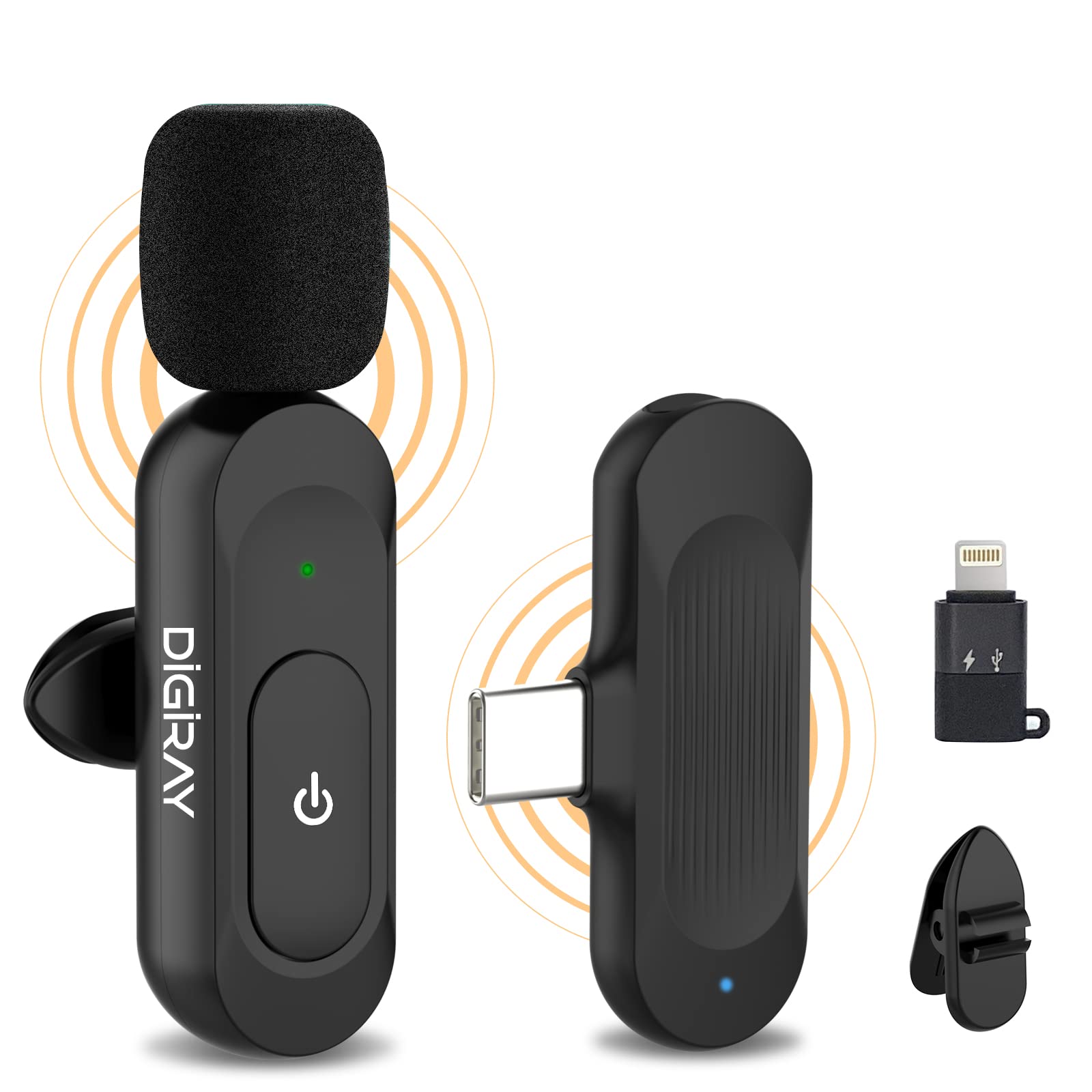 Digiray Wireless Lavalier Microphones for iPhone Video Recording, ipad, YouTube,TikTok - Professional Cordless Lavalier Microphone USB C Port with Noise Cancellation Mic -Black