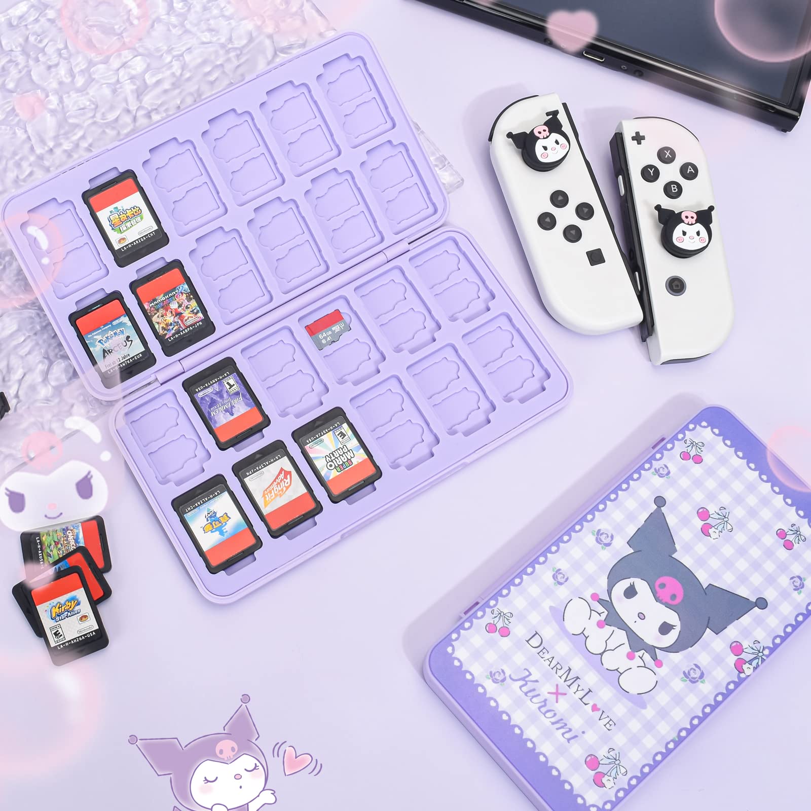 DLseego Little Evil Rabbit Game Case For Switch / Lite / OLED, 24 Slots Game Cards Holder and 48 Micro SD Card Slots, Portable Game Card Storage Cartridge with 2PCS Lovely Thumb Grips -- K Purple