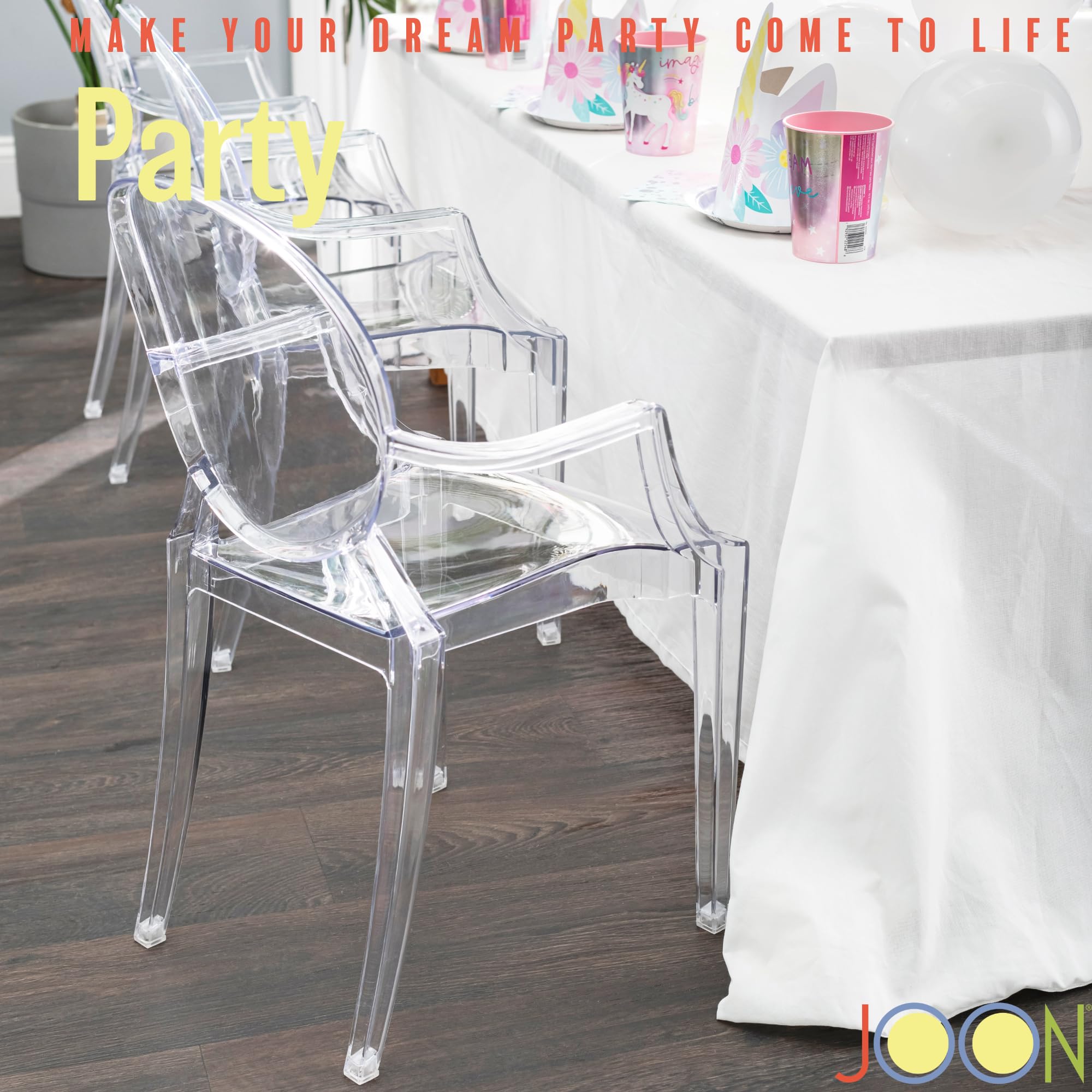 JOON 2 Pack Kids Ghost Chairs with Armrest Transparent, 25x13x14.5 Inches, Polycarbonate Material, 12.75β Seat Height, Stackable, for Toddler Parties, Playroom, Daycare, Home (Transparent Clear)