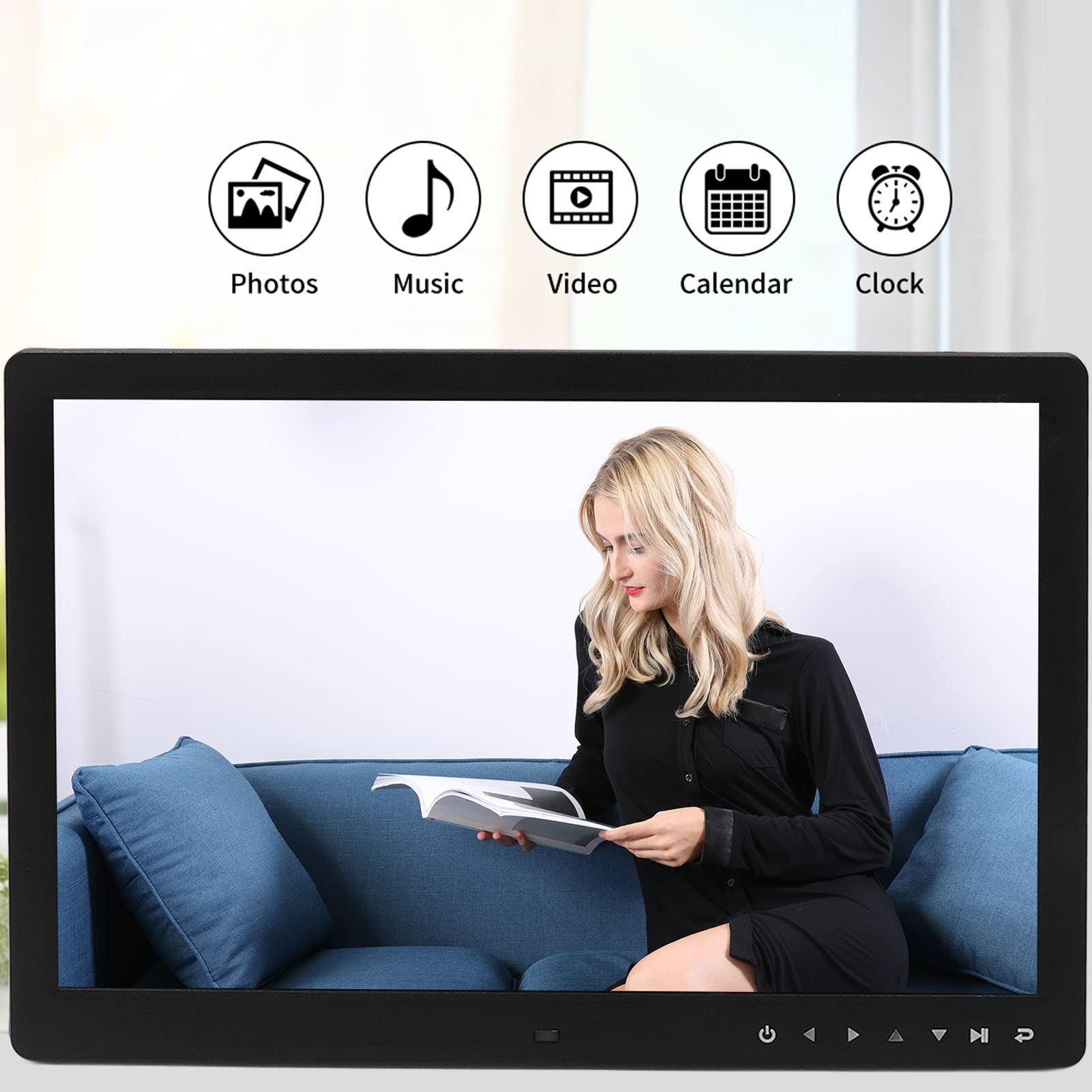 Digital Photo Frame, Touch Button 1080P Dual Mode Control 15.4 Inch Multifunction Electronic Album with Bracket for Living Room (US Plug)