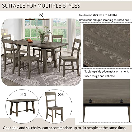 Merax 7-Piece Retro Industrial Style Extendable Dining Table Set with 18β Leaf and Six Wooden Chairs, Gray+Brown