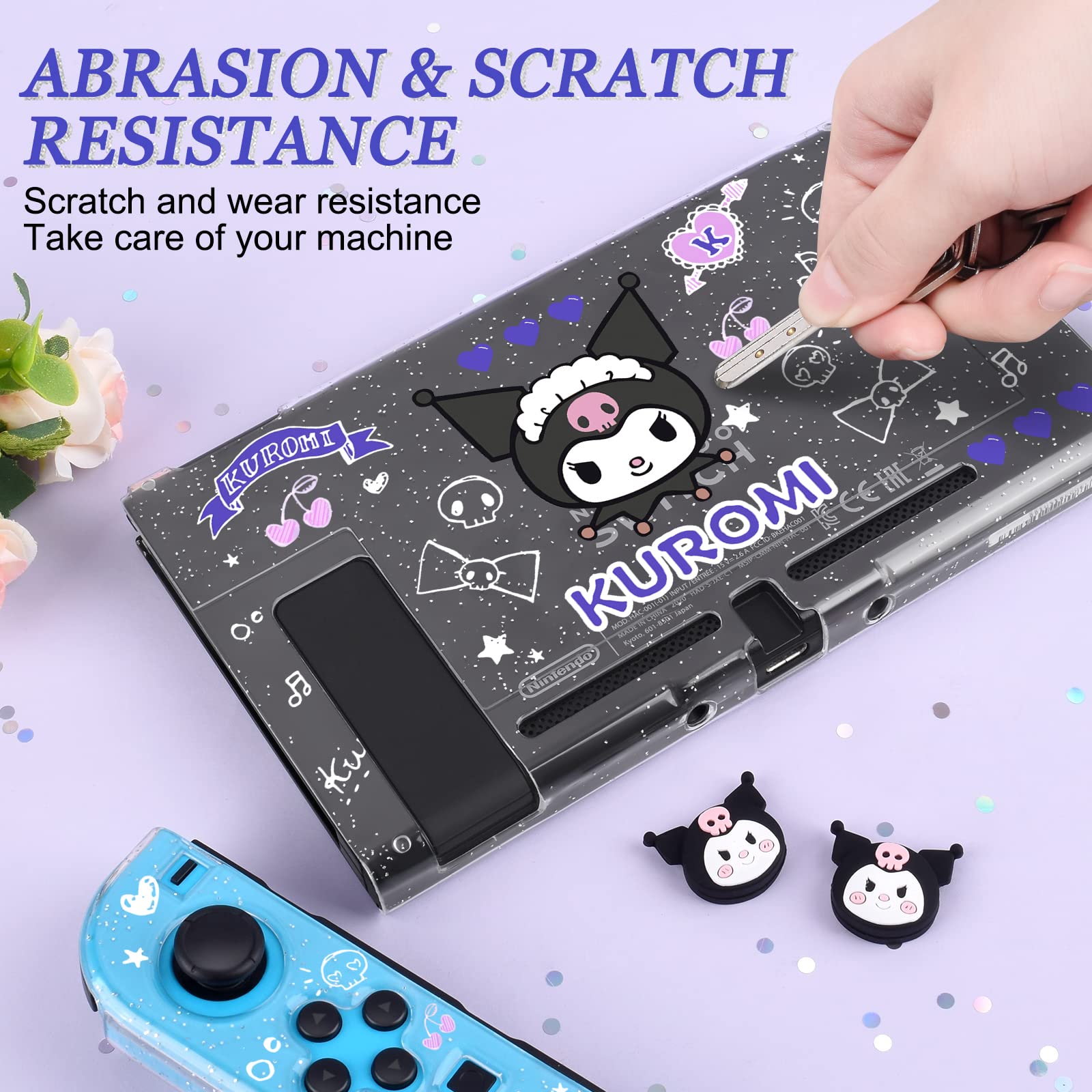 DLseego Little Troublemaker Rabbit Glitter Switch Protective Case Demon Clear Dockable Anti-Scratch Hard Shell Soft TPU Shock-Absorption Joy Con Cover with 2PCS Cute Cartoon Thumb Grips Caps