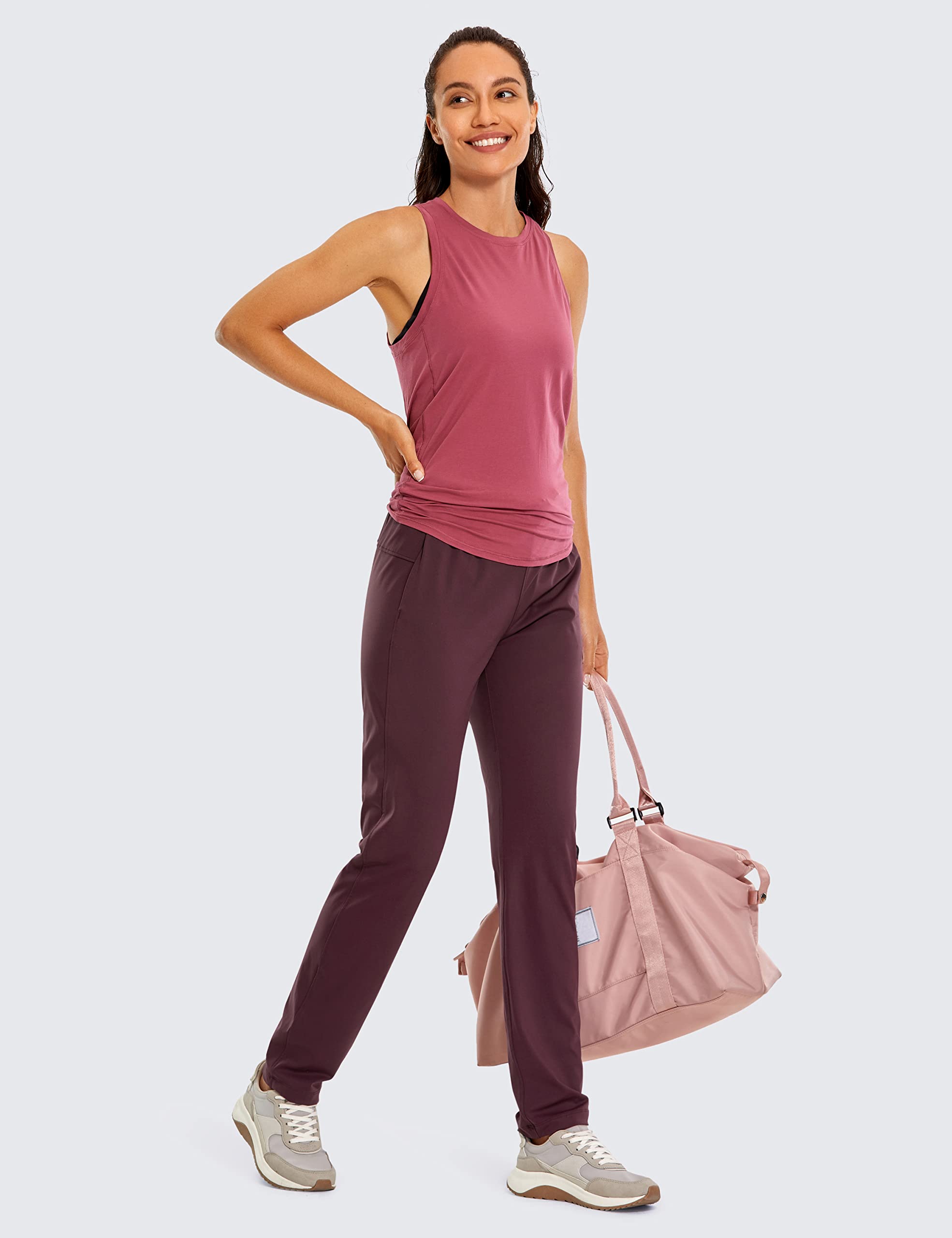 CRZ YOGA 4-Way Stretch Full Length Golf Pants for Women Tall 31" - Travel Sweatpants Workout Trousers with Pockets Dark Russet Medium