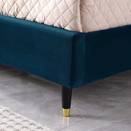 Morden Fort Blue Velvet Bed Frame Wood Platform, Upholstered Platform Bed with 51β Headboard, Heavy Duty Bed Frame with Wood Slat Support, No Box Spring Required, Easy Assembly, California King