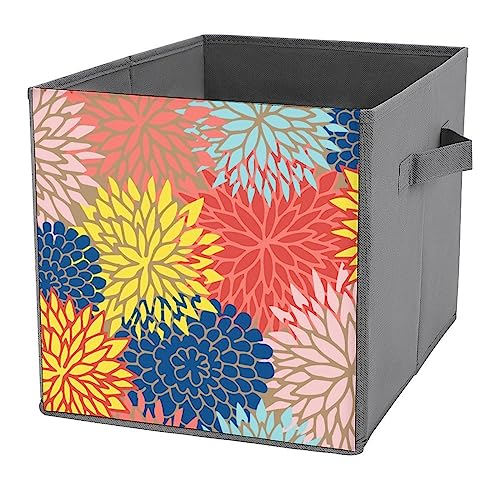 DamTma Storage Cubes Yellow Blue Orange Dahlias Floral Clothes Storage Bins with Handles Colorful Flowers Collapsible Fabric 11 in Cube Organizer for Home Room Shelves Closet