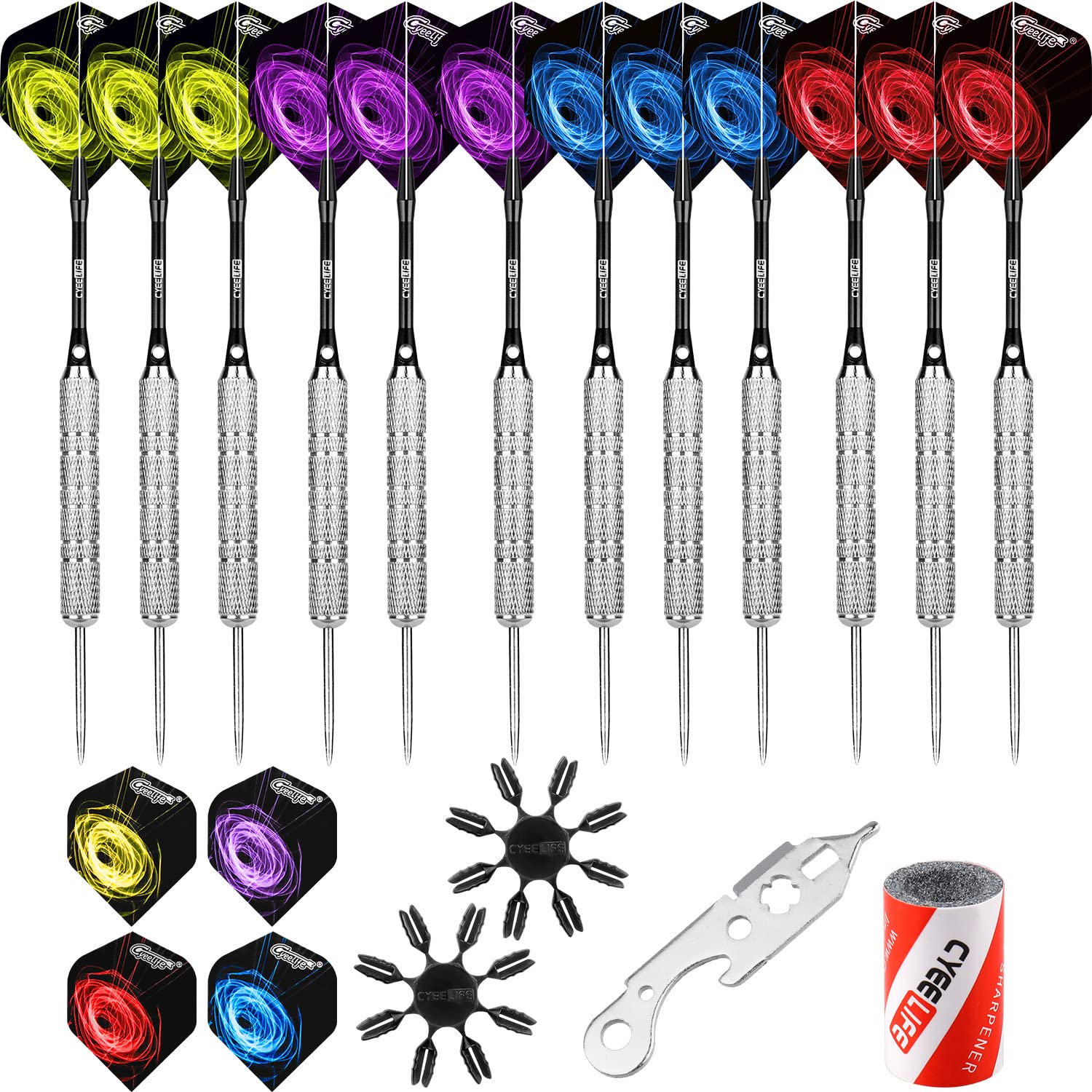 CyeeLife-Steel tip Darts 20g,12 Aluminium shafts+16 Flights+Sharpener+Tool+16 Protectors,for Beginners House Darts