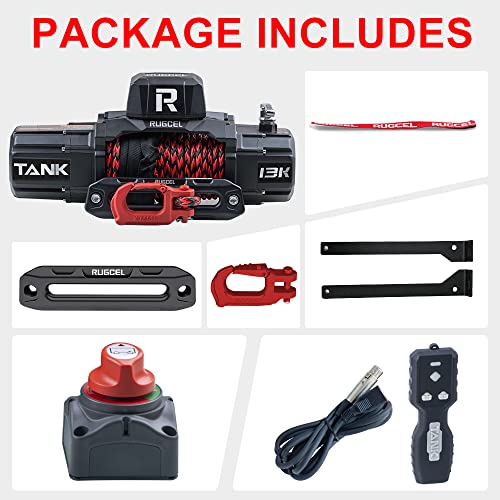 RUGCEL WINCH 13500lb Waterproof Electric Synthetic Rope Winch 12V with Hawse Fairlead, 2 in 1 Wireless Remote,Double color rope,for Truck SUV