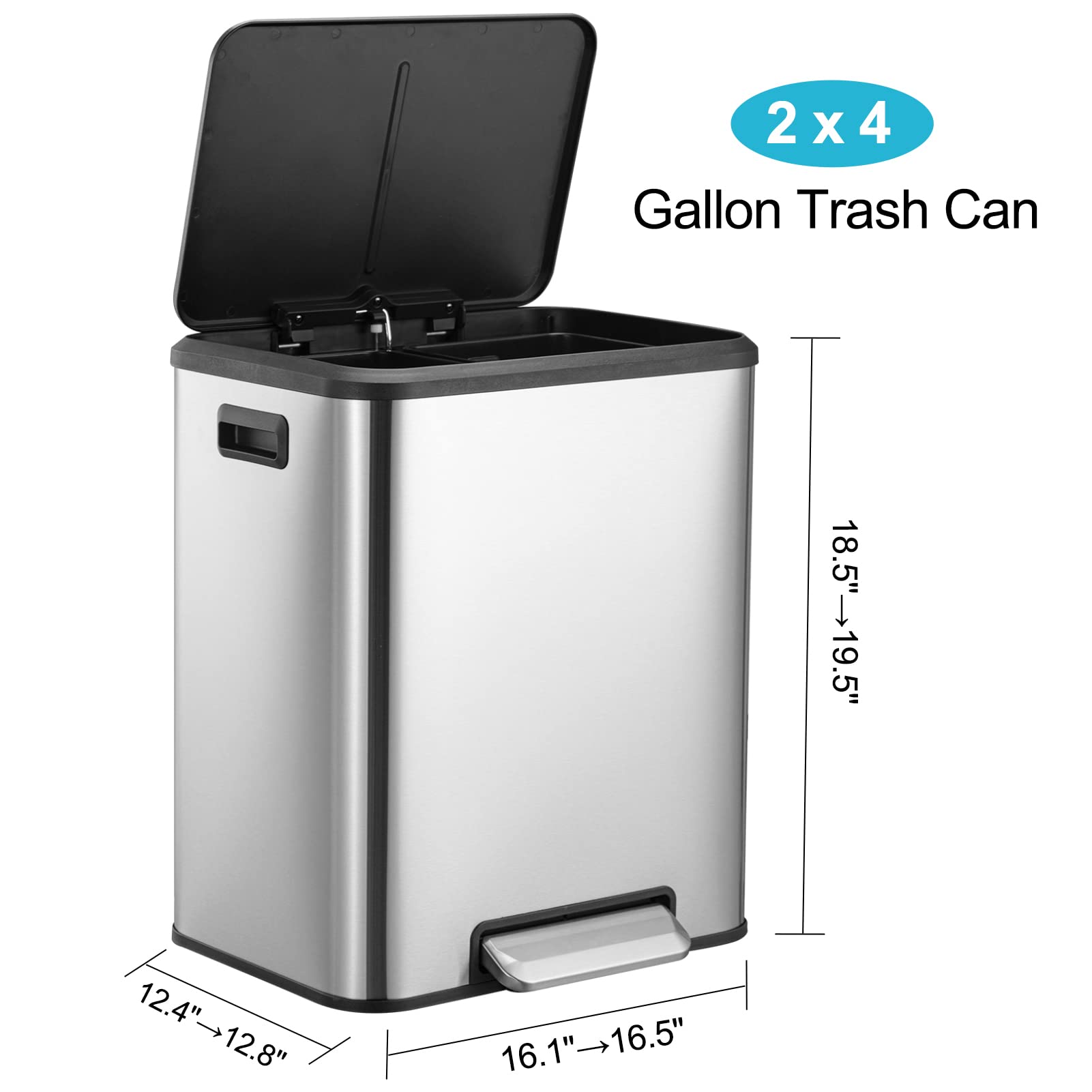 CREATIVE HOBBIES Dual Trash Can,Stainless Steel 2 x 4 Gal (2 x 15L) Garbage Can,Dual Compartment Step Trash Can Steel Pedal Recycle Bin with Two Removable Liner Buckets