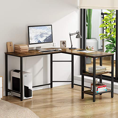 Wodeer L Shaped Computer Desk with Storage Shelves Corner Gaming Desk Writing Study Table Home Office Workstation Wood & Metal (Rustic Brown)
