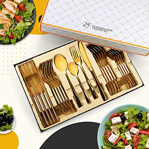 Gold Silverware Set,24-Piece Stainless Steel Flatware Service for 6, Mirror Finish Cutlery Set with Gift Box