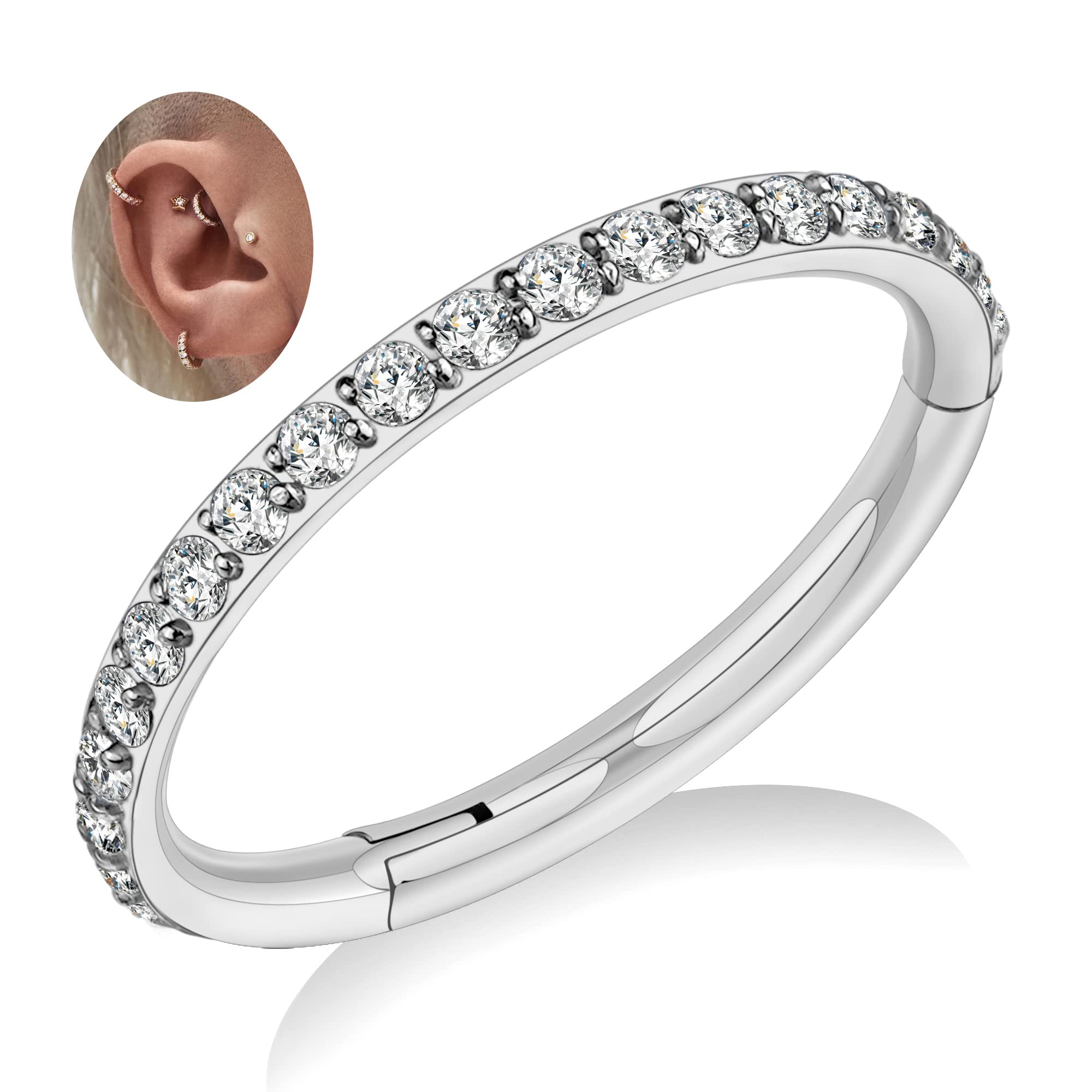 FINE4U 16G 8mm Helix Piercing Jewelry Hoop Gold - ASTM F136 Titanium Helix hoop Earrings for Women, Forward Helix Piercing, Cartilage Earring Hoop