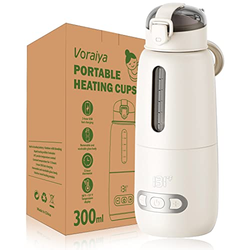 Voraiya® Portable Water Warmer, Rechargeable Bottle Warmer for Formula, Breastmilk, Baby Milk, 300ml, Smart Baby Flask with Precise Temp Control, Wireless Bottle Warmer for Car, Travel, Outdoor(white)