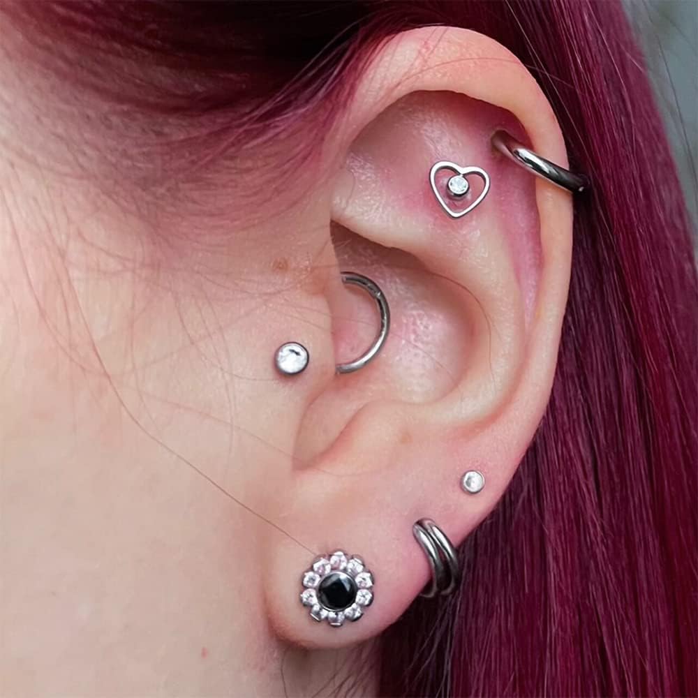 FINE4U Threadless Flat Back Earrings Stud Titanium 18G 6mm 8mm - ASTM F136 Titanium Heart Cartilage Earring for Conch, Helix, Tragus, Flat, Lobe