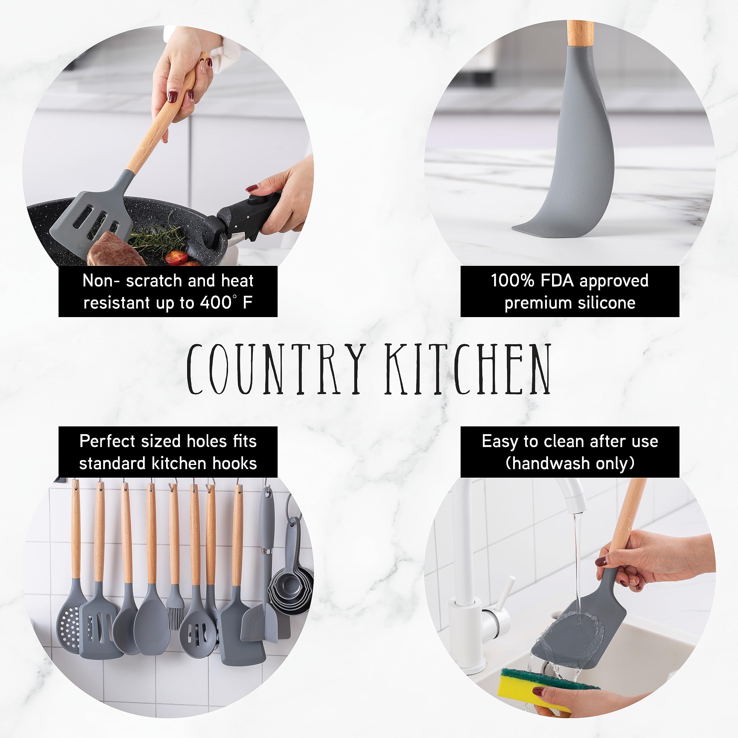 Country Kitchen Cooking Utensils Set - 40 pcs Non-stick Silicone Spatula Set with Holder, Wooden Handles and Heat Resistant Gadgets Utensil