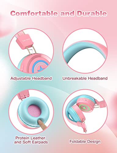 Link Dream Kids Bluetooth Headphones with Microphone for School On-Ear Headphone Toddler Children Wireless Headphone Headset with LED Lights Compatible with Cellphone/Computer/Tablet/iPad (Pink)