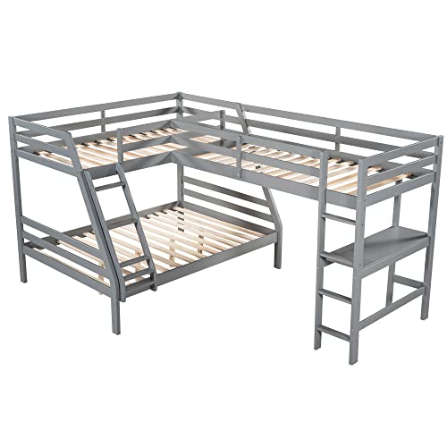 Merax Wood L-Shaped Bunk Bed with a Loft Attached, Triple Bedframe with Desk, Guardrails, and Ladders, Twin Over Full, Gray