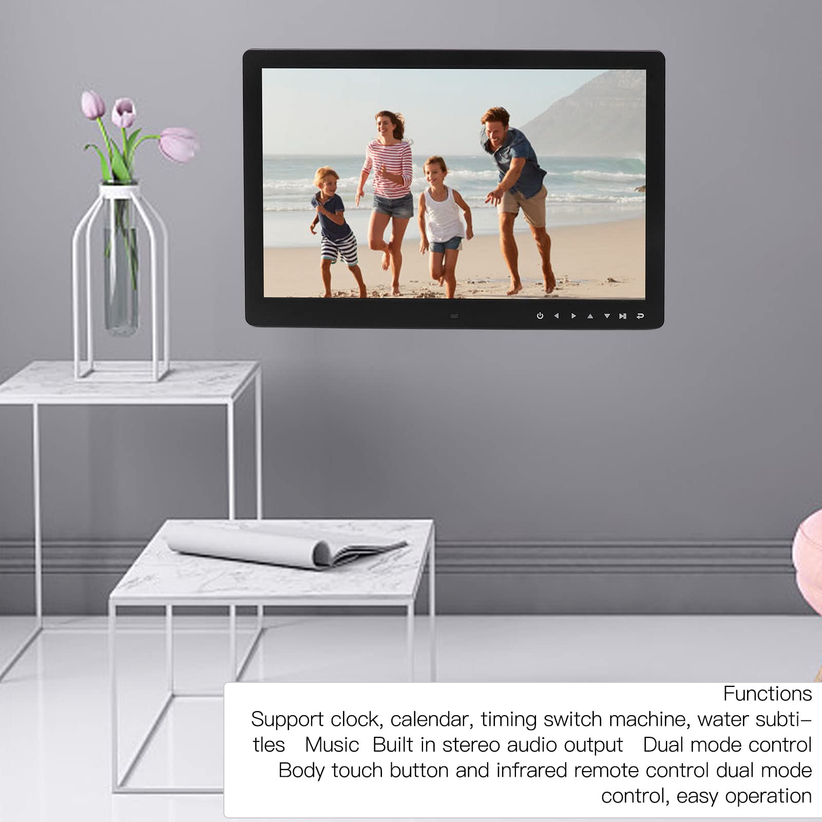 Digital Photo Frame, Touch Button 1080P Dual Mode Control 15.4 Inch Multifunction Electronic Album with Bracket for Living Room (US Plug)
