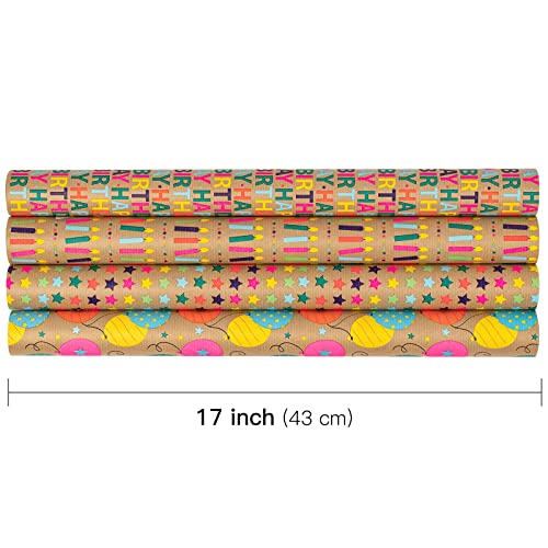 RUSPEPA Kraft Wrapping Paper Rolls - 17 inches x 10 feet per Roll, Total of 4 Rolls, Colorful Birthday
