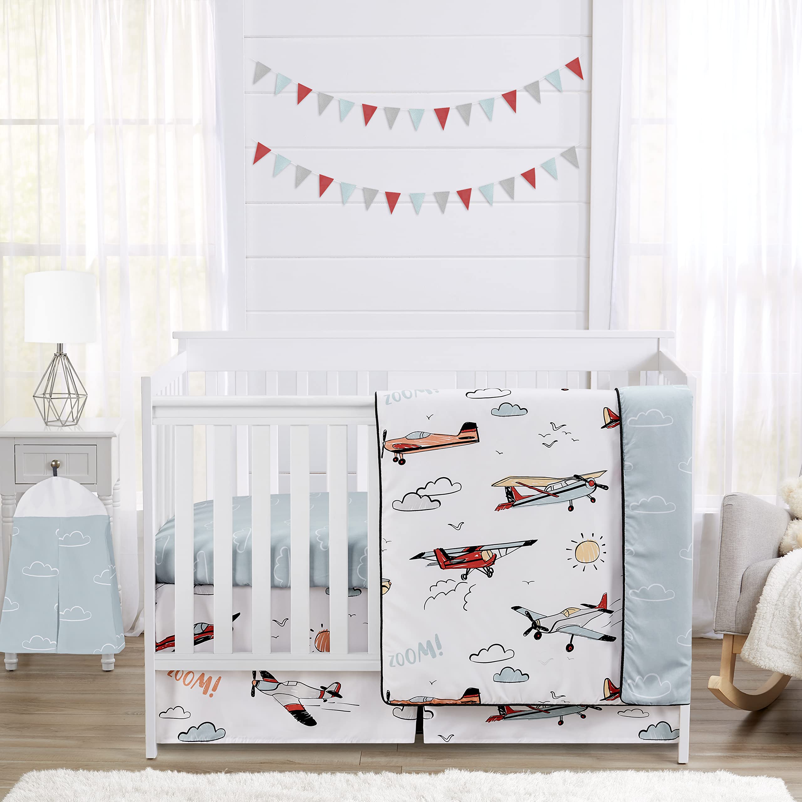 Sweet Jojo Designs Vintage Airplane Baby Boy Nursery Crib Bedding Set - 4 pieces - Grey Yellow Orange Red White and Blue Airplanes Air Plane Transportation Clouds Sun Sky Aviator Aviation