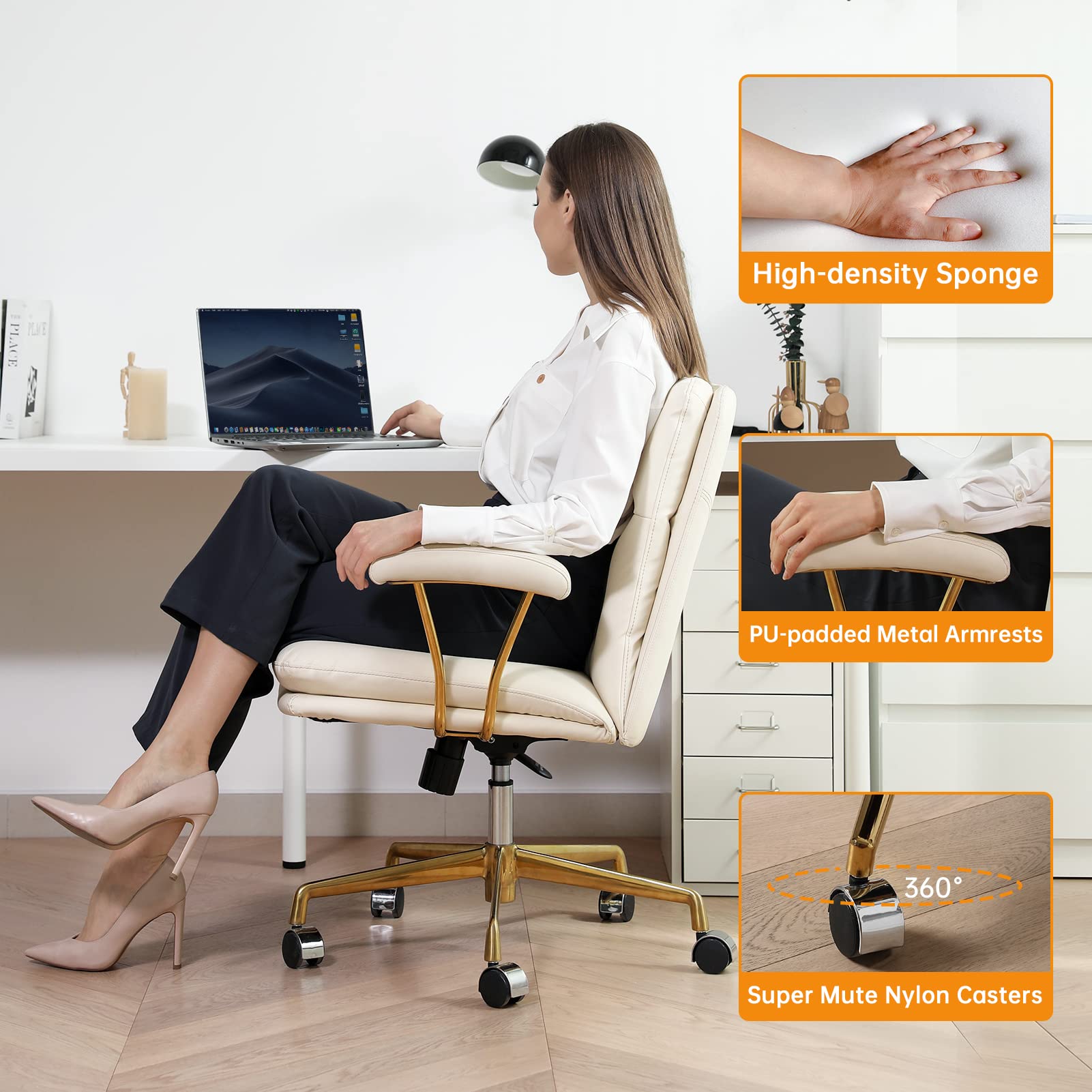 EMIAH Modern PU-Padded Office Desk Chair Ergonomic Computer Desk Chairs with Wheels and Arms Mid-Back Executive Rolling Task Chair with Elegant Button Tufted Design