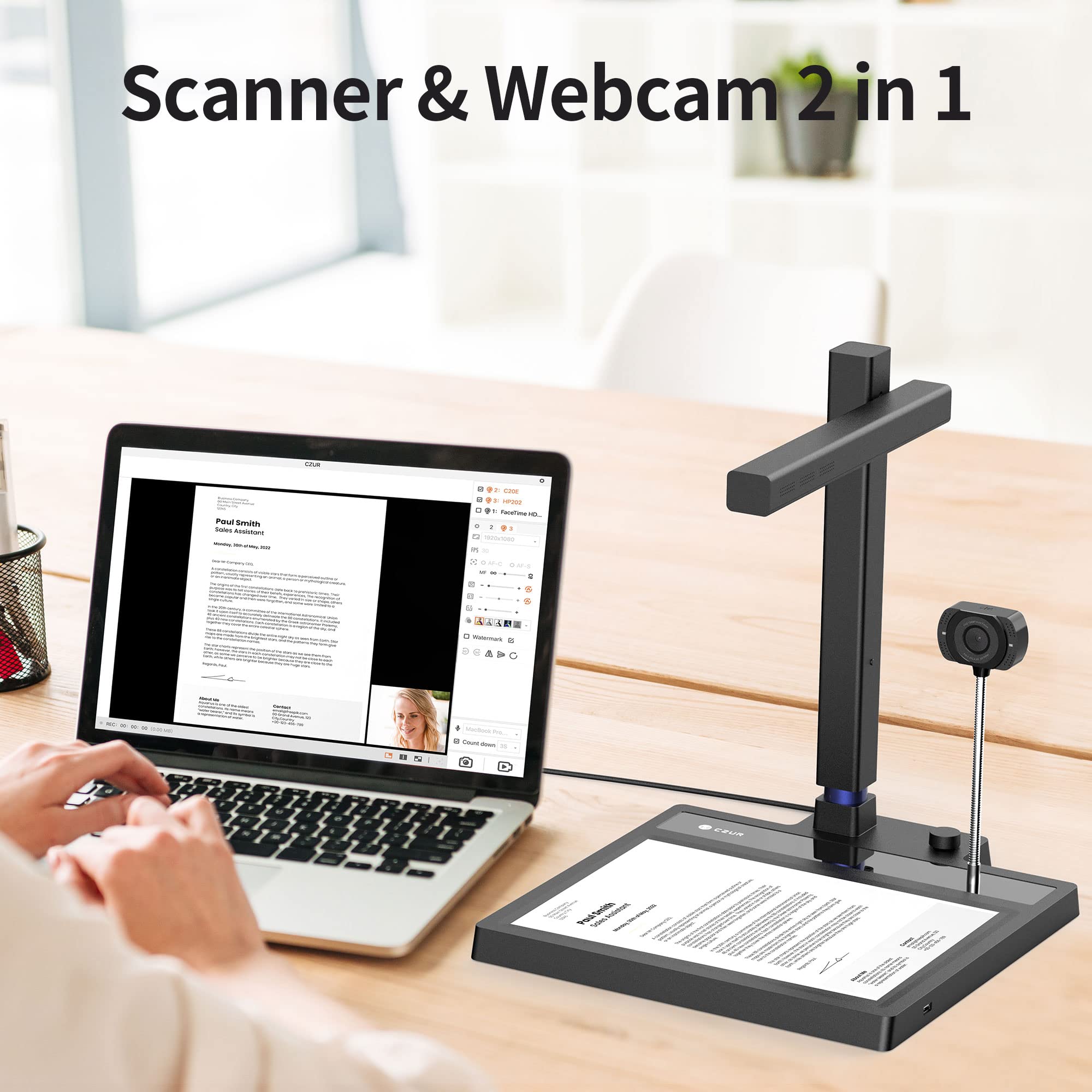 CZUR Shine 500 Surface Pro AC Document Scanner, 5MP Document Camera + 2MP Webcam+ Working Surface, A4 Document Scanner for Computer/Laptop, 180+ Languages OCR, Fast Scan 1s/Page, for PC/Mac