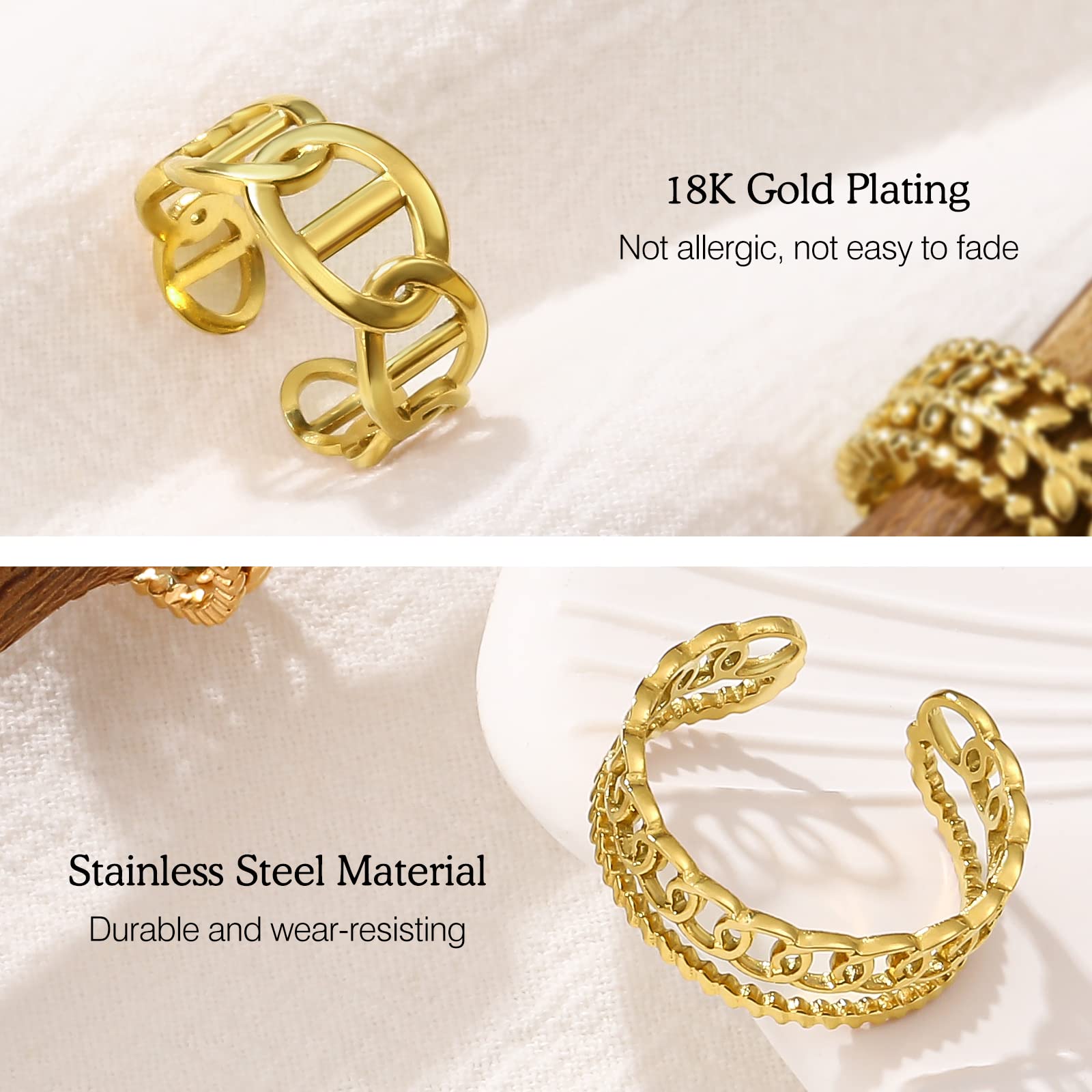 Emibele 18K Gold Plated Rings for Women, 2 Pcs Knuckle Open Ring Cuban Curb Chain Link Ring Adjustable Open Knot Gold Chunky Stacking Ring Set Dainty Jewelry Gift for Ladies, Gold