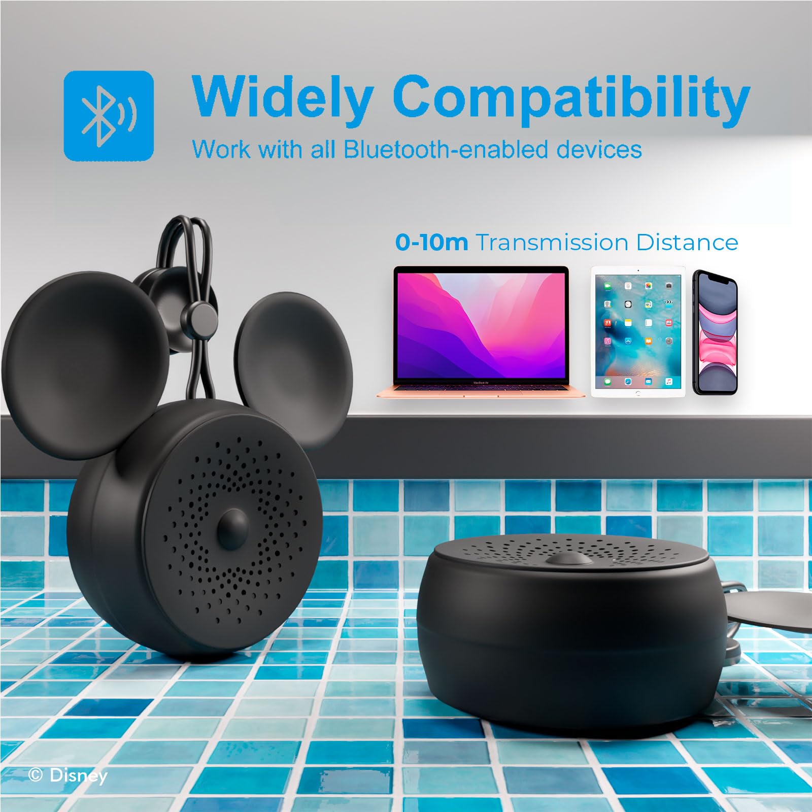 Disney Mickey Mouse Ears Bluetooth Shower Speaker with Suction Cup β Disney IPX4 Rated Water Resistant Speaker for Shower, Baths| Up to 5 HRs Playtime, Built in Button Controls and Mic for Phone Calls
