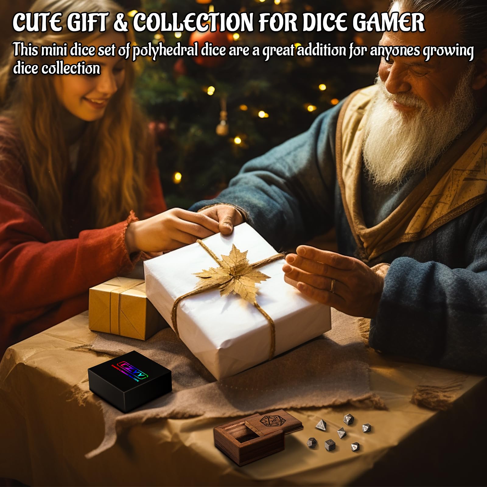 CZYY DND 6mm Micro Polyhedral Mini Dice Set + Black Walnut Wood Box Engraved with D20 & Tree of Life Perfect for Dungeons and Dragons, Tabletop RPG Cards Board Games, Silver