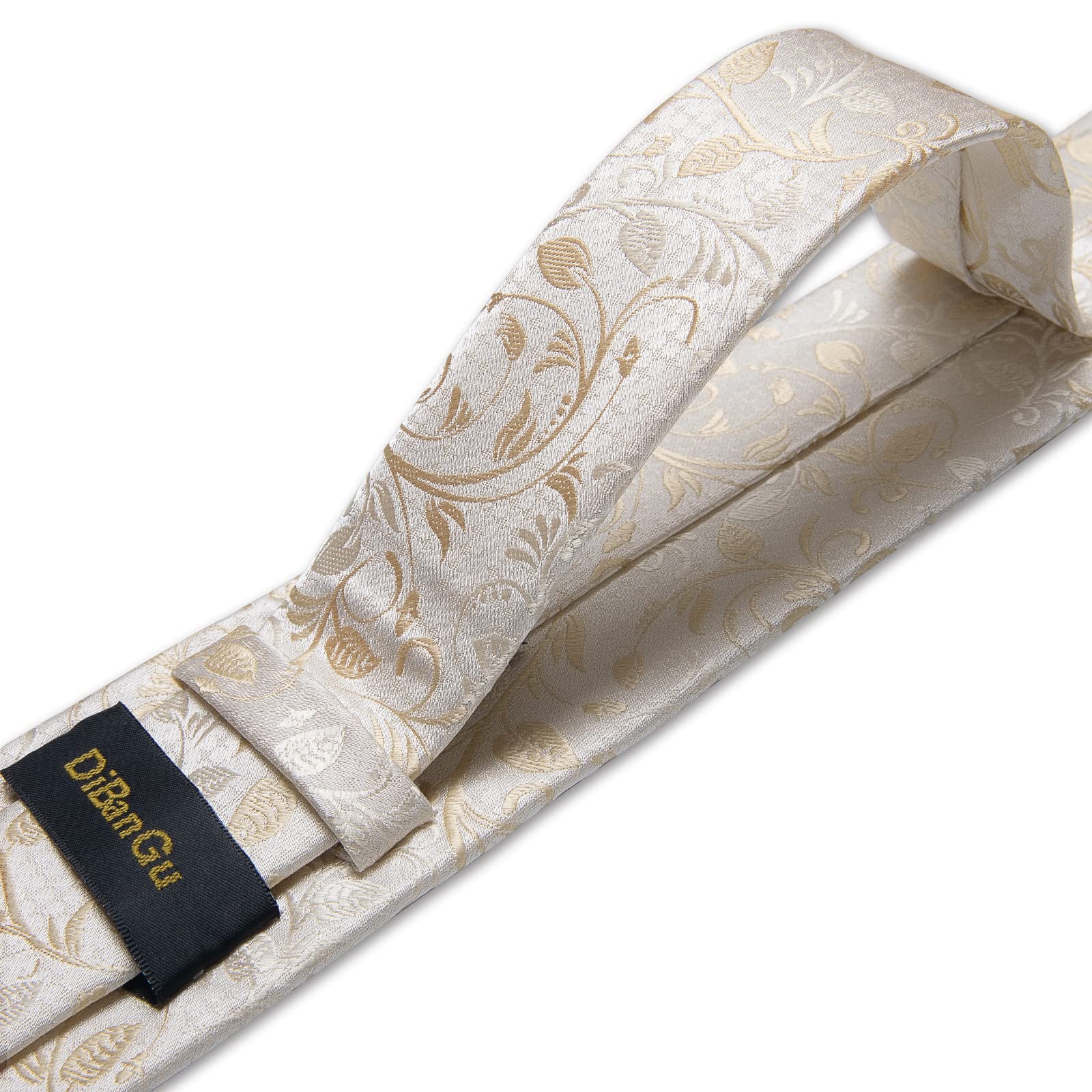 DiBanGu Champagne Gold Necktie and Pocket Square Cufflinks Champagne Floral Tie Set for Men Wedding Party
