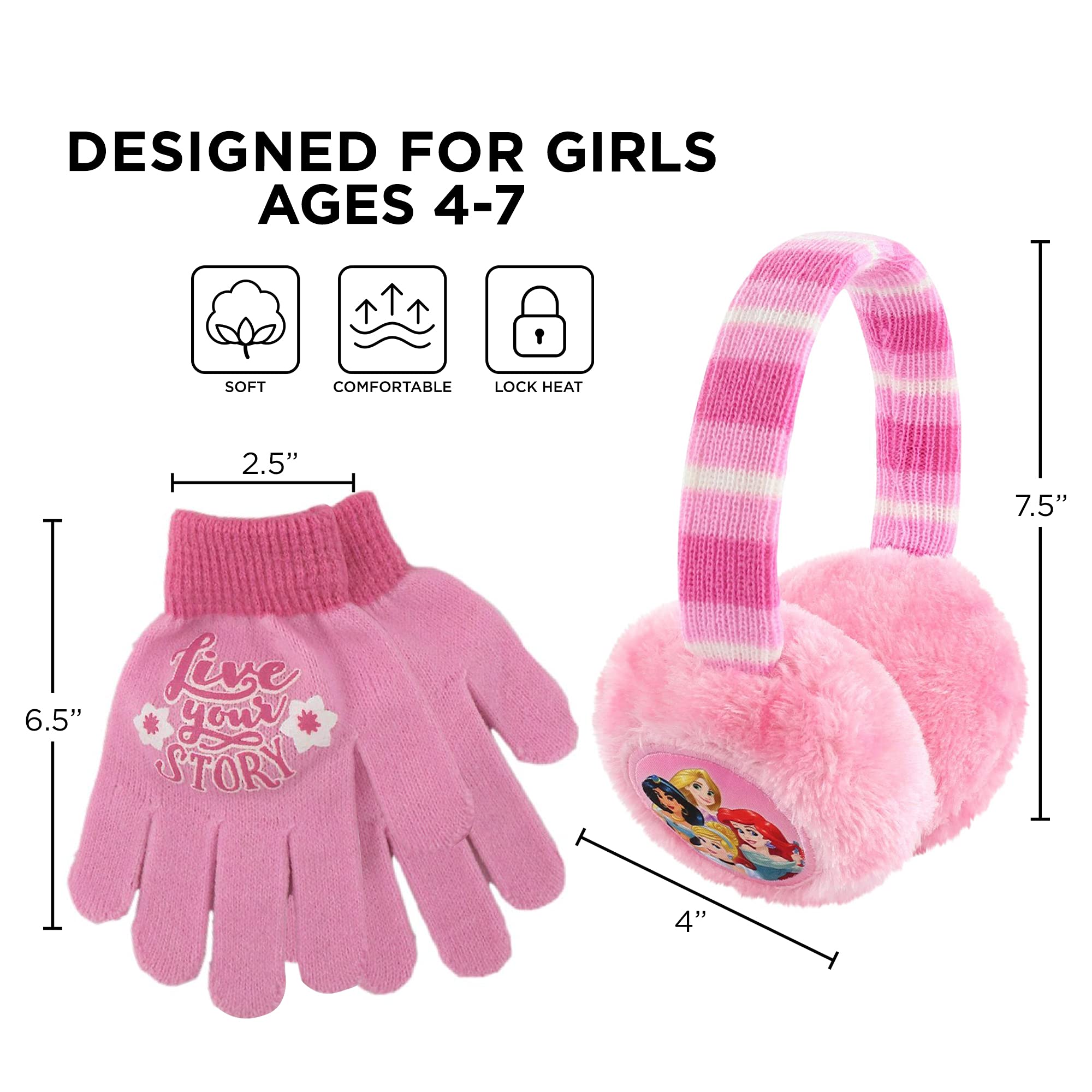 Disney Winter Earmuffs Warmers and Kids Gloves Sets, Princess Plush, Pink, Little Girls, Ages 4-7