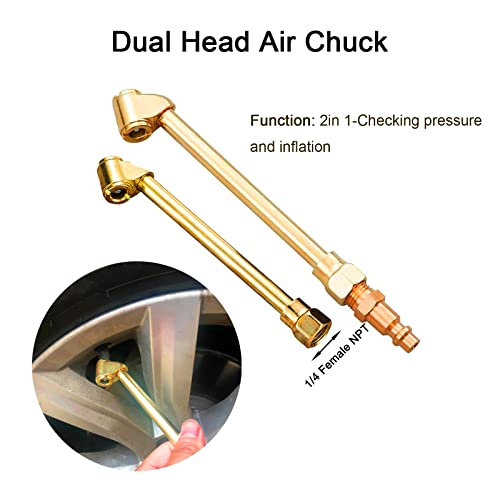 Kabcifea 10 PCS Heavy Duty Brass Air Chuck Set,Dual Head Air Chuck,1/4 Inch Dual NPT Closed Ball Air Chuck,Closed Flow Tire Chuck,Air Hose Quick Connect Adapter with 1 PCS Thread Seal Tape