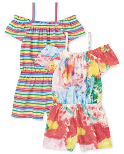 The Children's Place Baby Toddler Girls Print Off Shoulder Romper 2-Pack, Simplywht, 18-24 Months