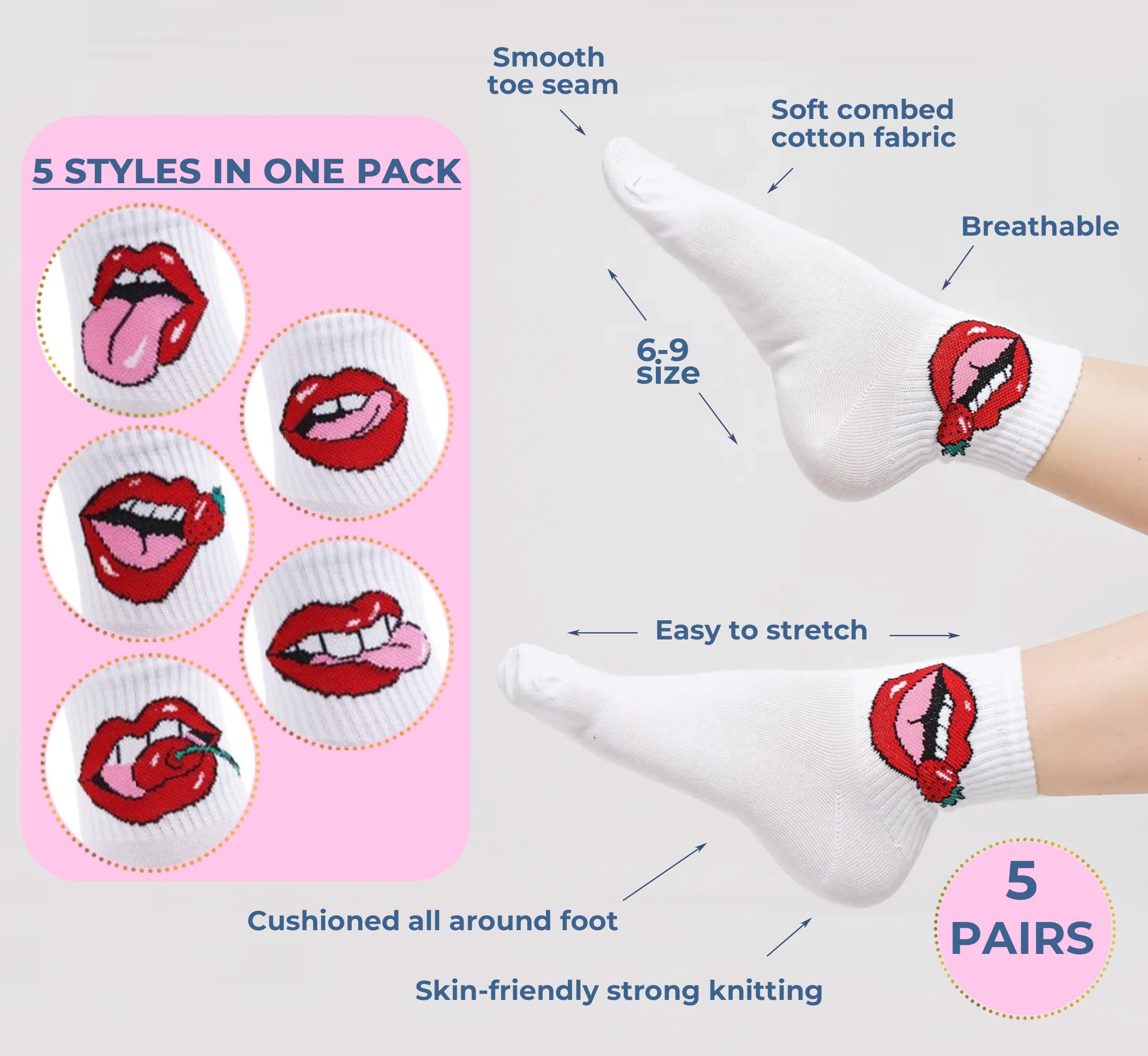 ESOMOON 5 pairs Socks with Lips Mid Calf White Cotton Socks High Ankle Lightweight Breathable Red Kiss Socks Size 6-9