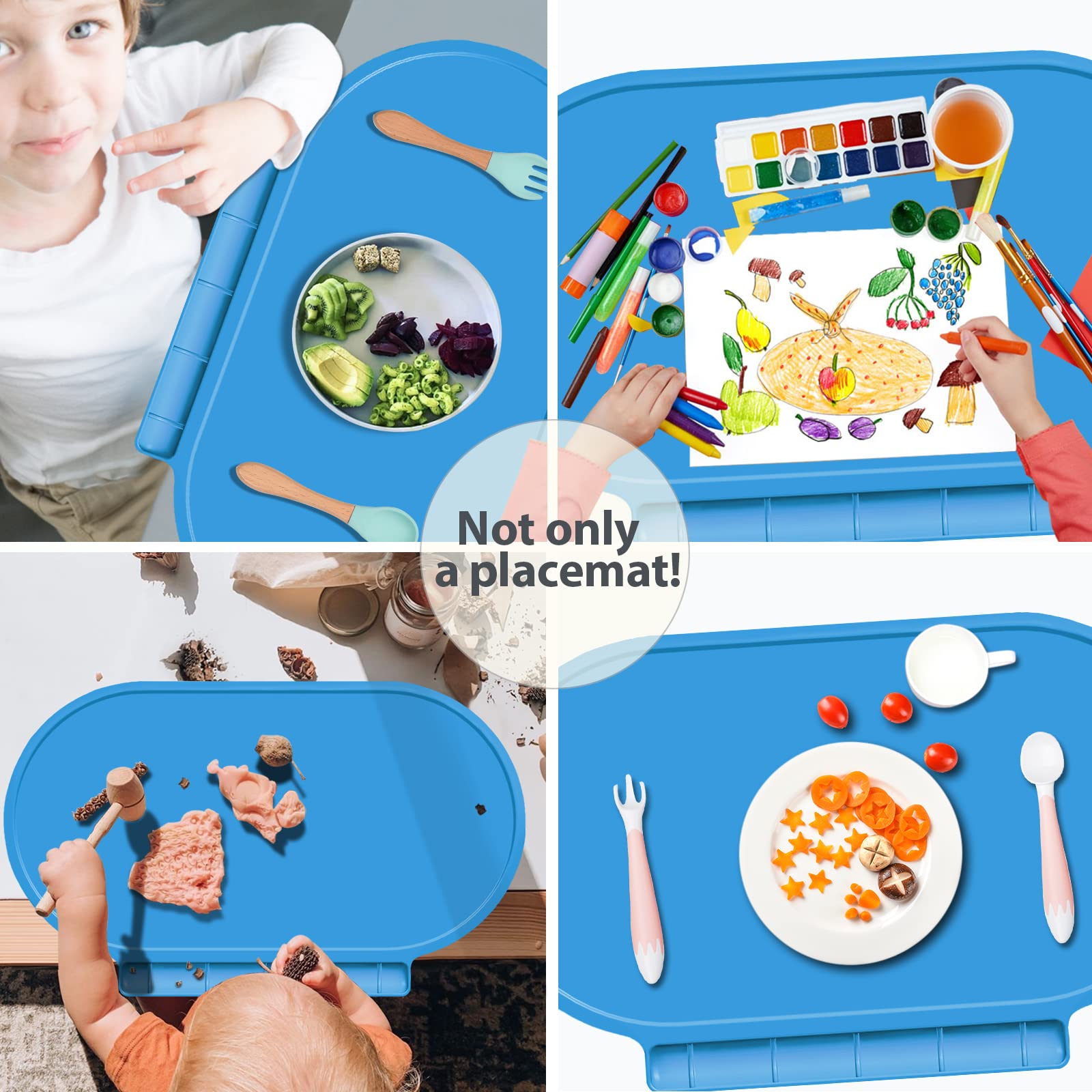 Silicone Kids Placemats, Food Catching Placemats for Kids Baby Toddler, Reusable Table Mats for Dining Table, 2Set, Dark Blue/Gray