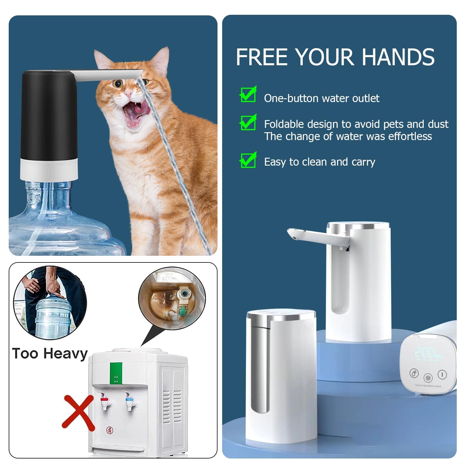 FEERNICH Water Dispenser for 5 Gallon Bottle,Universal Automatic Portable Water Bottle Pump Foldable Electric Drinking Water Pump 1200mAh USB Charging Suitable to Home Office Camp Travel (White)