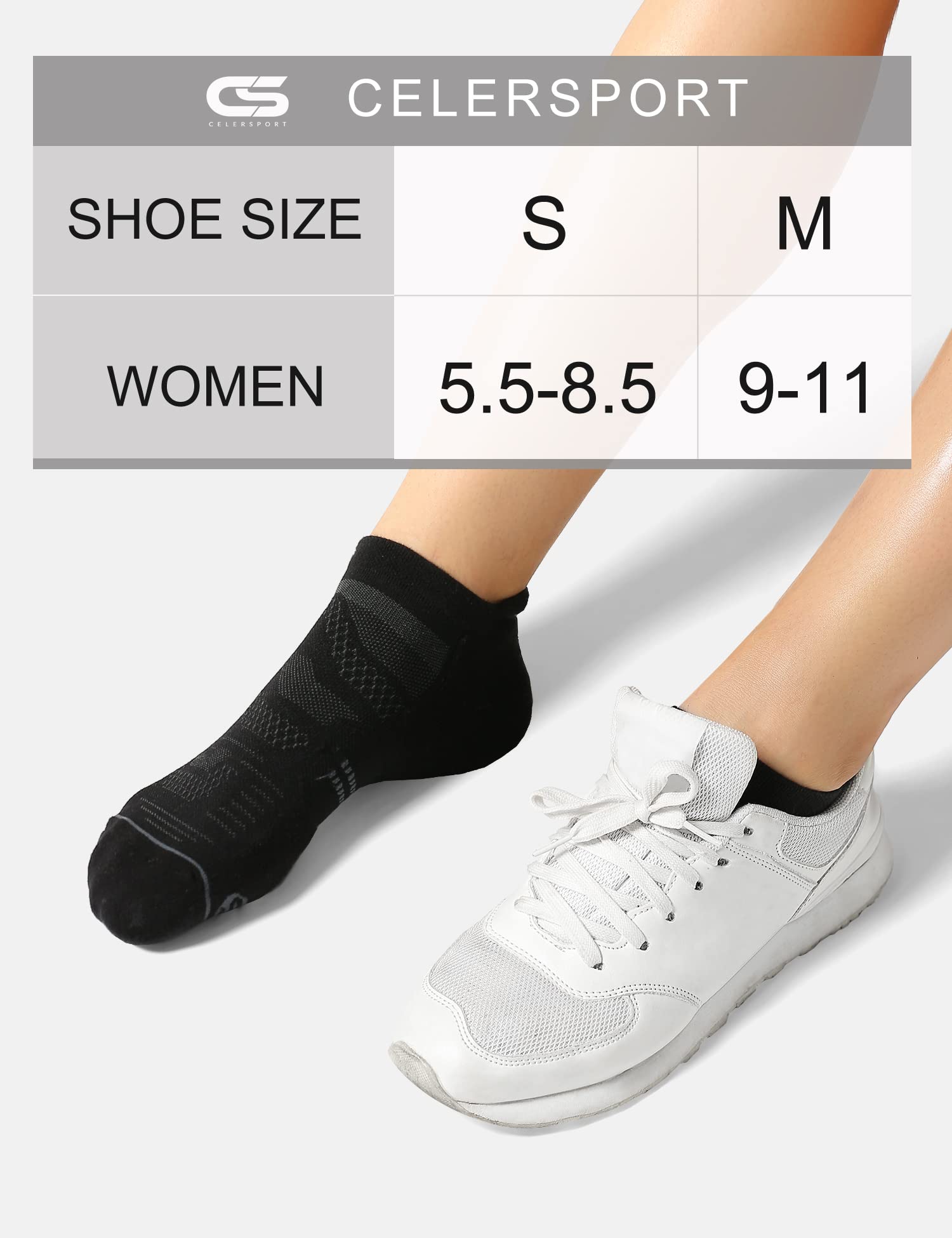 CS CELERSPORT 6 Pack Women's Ankle Running Socks Cushioned Low Cut Tab Athletic Socks, Black, Medium