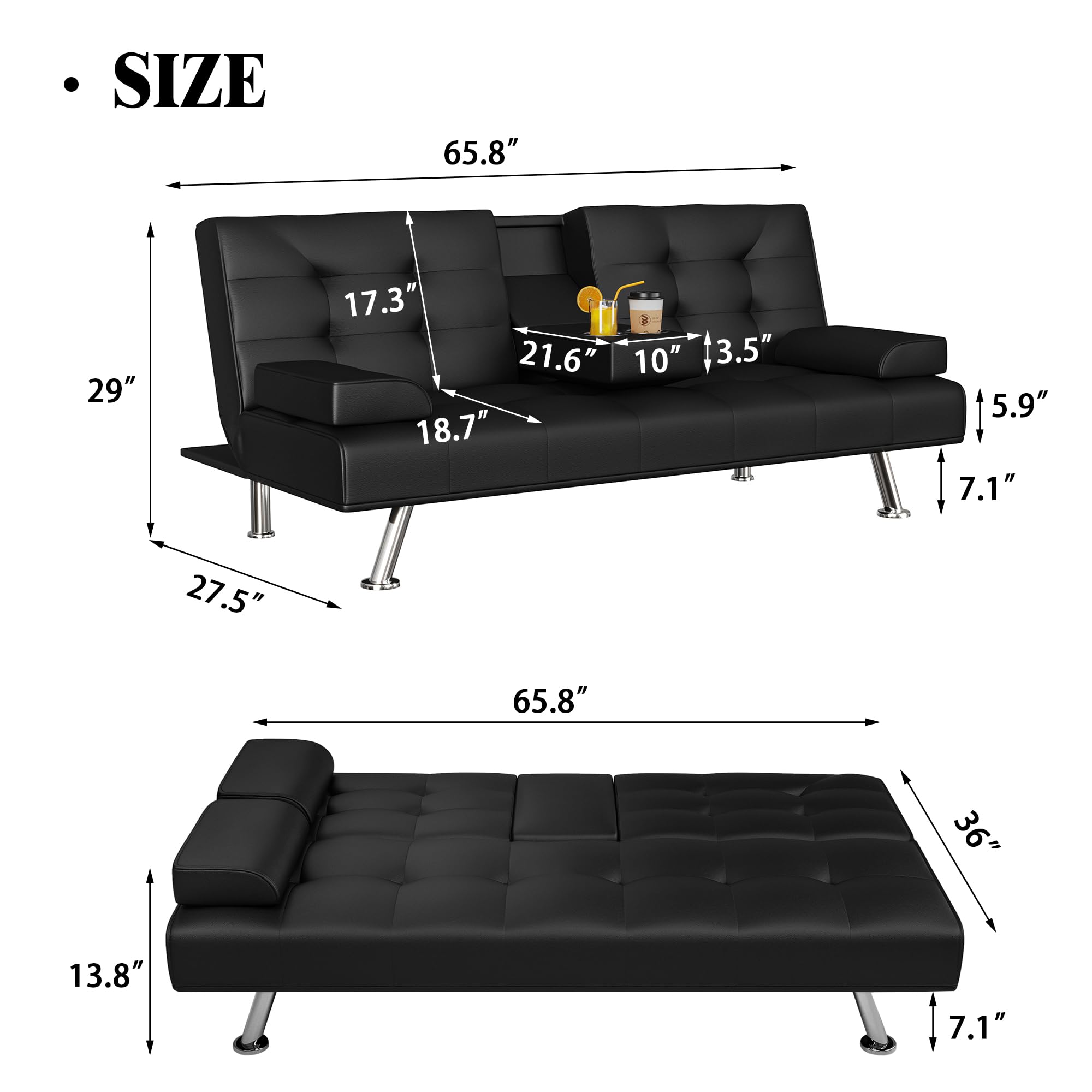 KYLE & KAY Convertible Sofa Bed, Upholstered Comfy Couch with Adjustable Backrest, Modern Sleeper Sofa for Living Room, Bedroom, Office, Apartment, Black