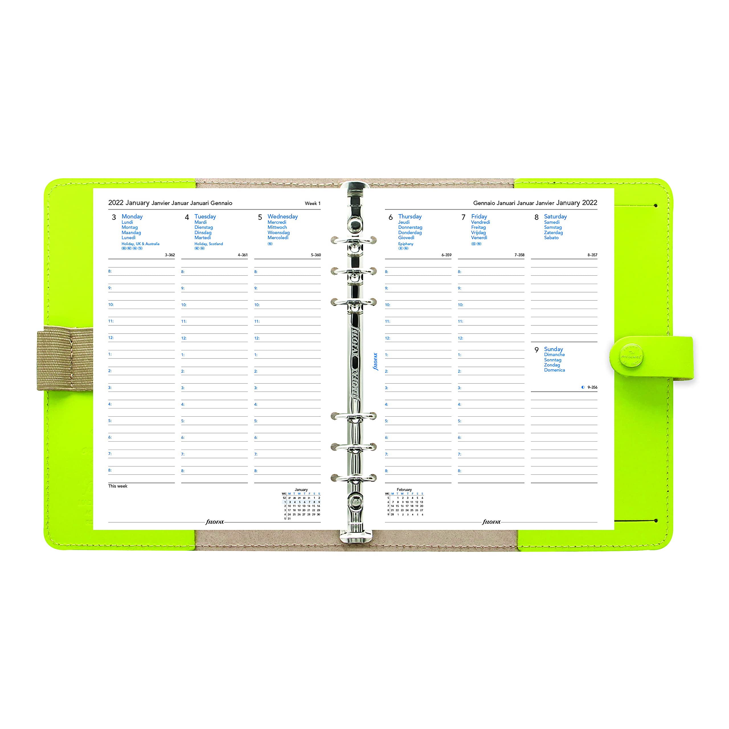 Filofax The Original Organizer, A5 Size, Pear - Leather, Six Rings, Week-to-View Calendar Diary, Multilingual, 2022 (C026037-22),5.75 inches X 8.25 inches