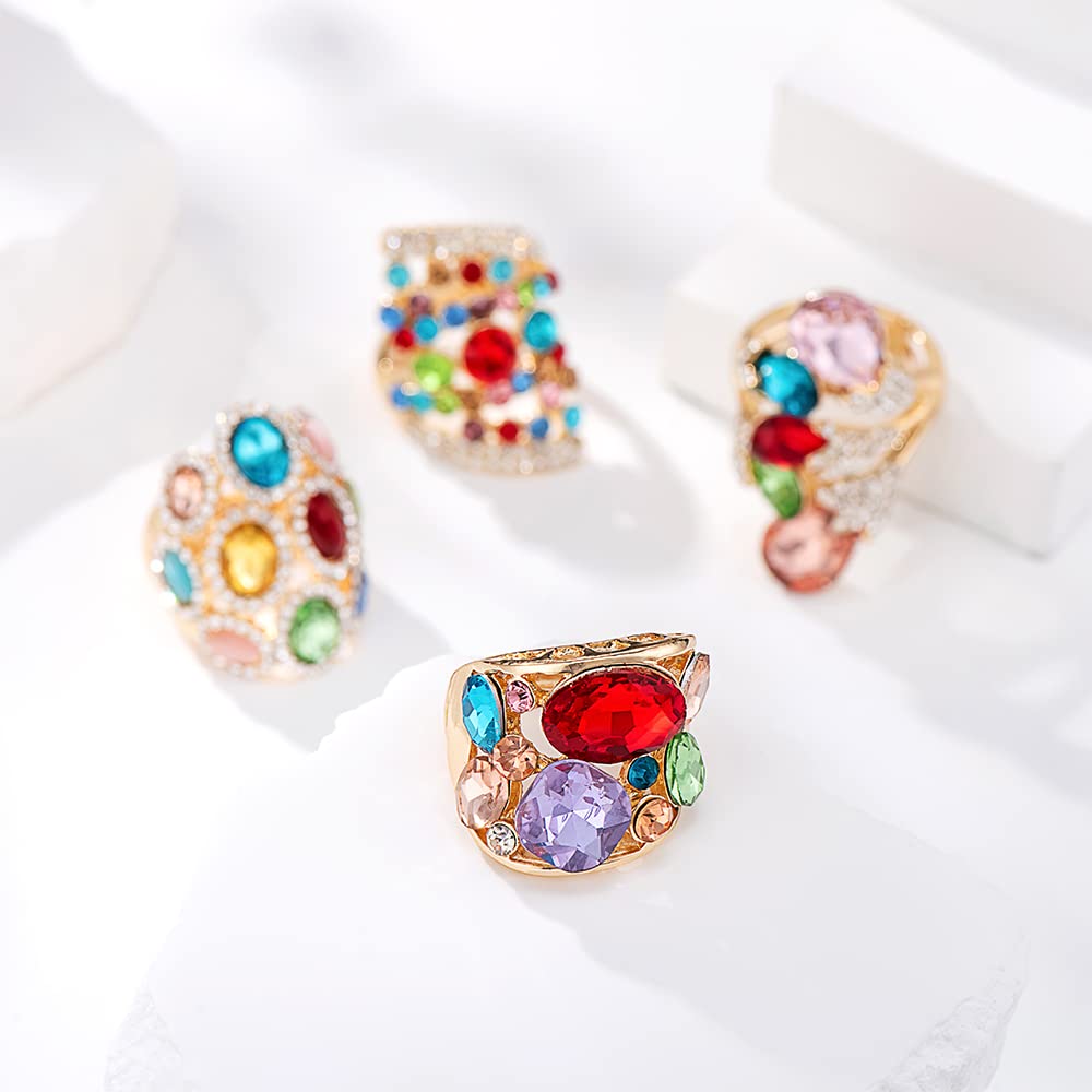 Ecesha 4 PCS/Set Gold Crystal Adjustable Statement Cocktail Rings Set Colorful Rhinestone Irregular Geometric Stretch Rings for Women