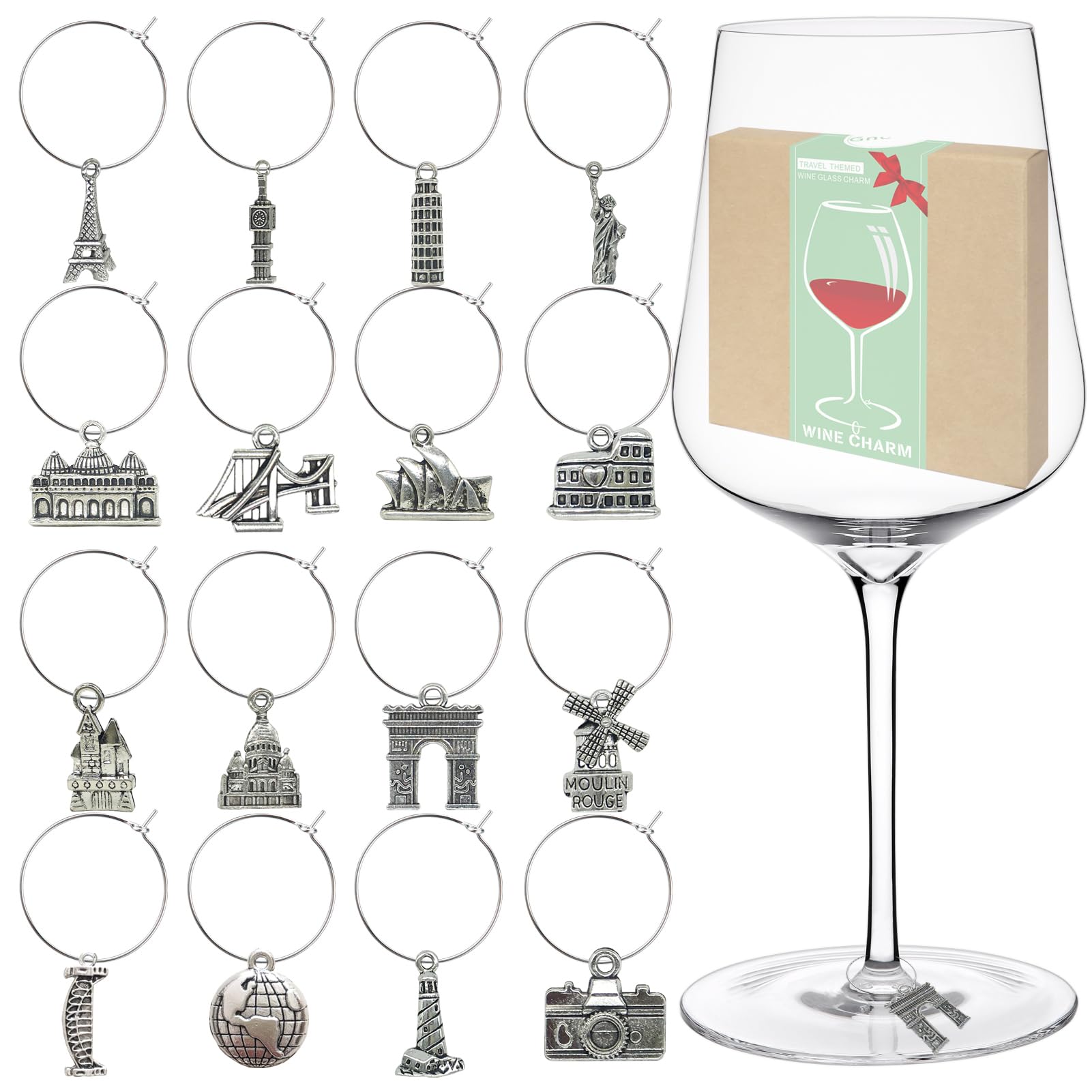 Gnollko 16pcs Travel Wine Glass Charms,Funny Wine Charms for Stem Glasses,Wine Glass Markers Tags,Wine Tasting Party Gifts Favors Decorations Supplies