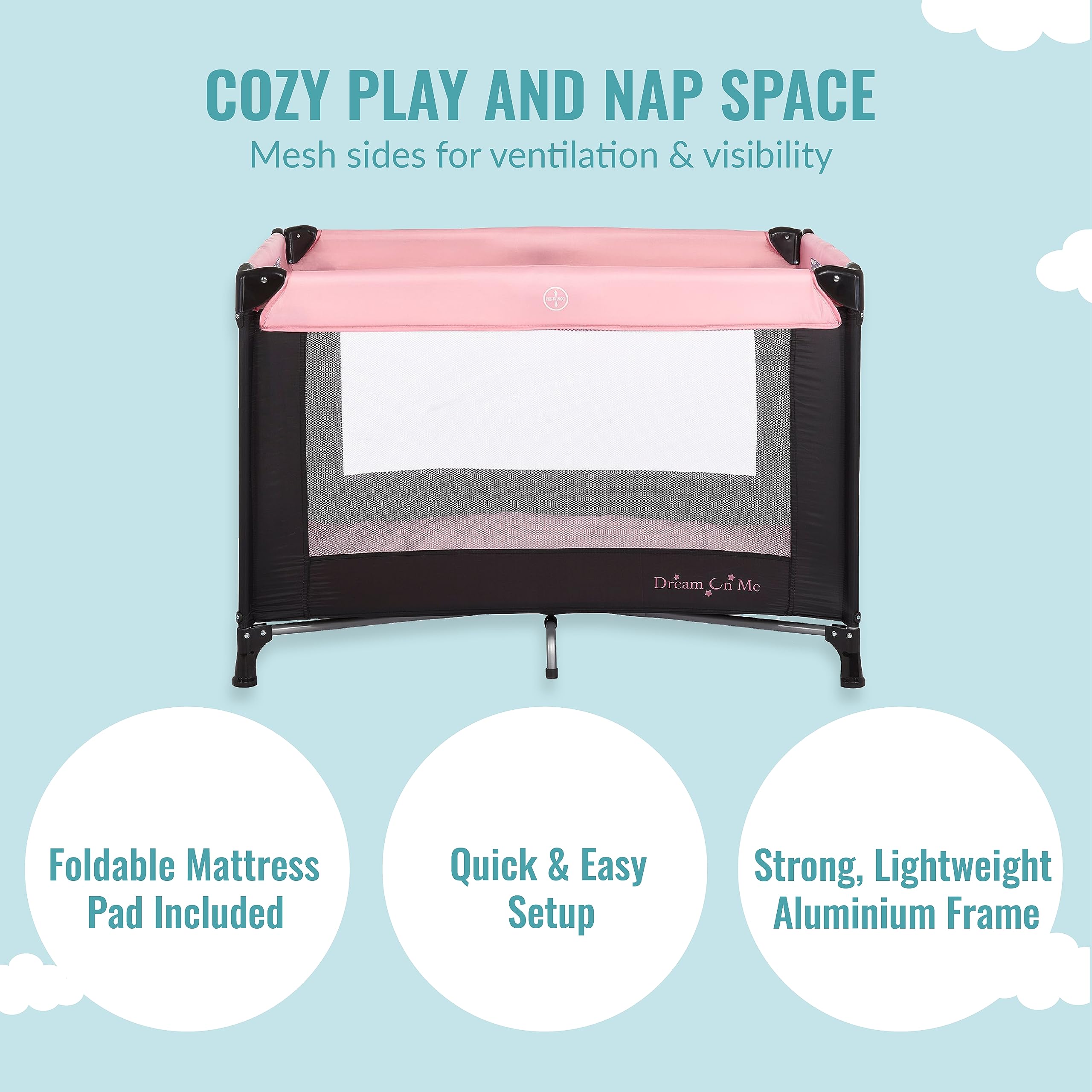 Dream On Me Nest Portable Play Yard with Carry Bag and Shoulder Strap, Pink
