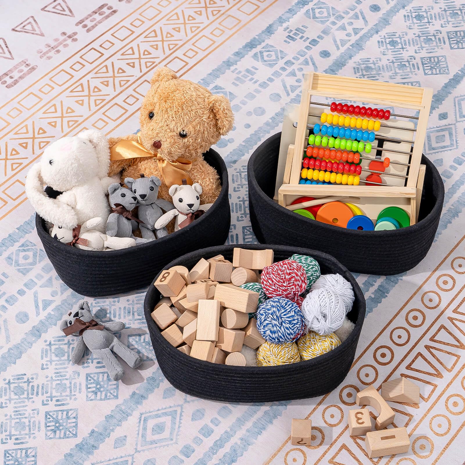 CubesLand Rope Woven Storage Baskets, Small Baby Nursery Organizer Basket, Rectangular Organization/Storage Bins, Closet Shelves Baskets，Empty Gift Basket 3 Packs, Off White/Light Brown