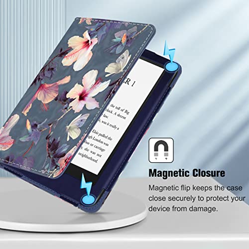 Fintie Folio Case for 6.8" Kindle Paperwhite (11th Generation-2021) and Kindle Paperwhite Signature Edition - Book Style Vegan Leather Shockproof Cover with Auto Sleep/Wake, Blooming Hibiscus
