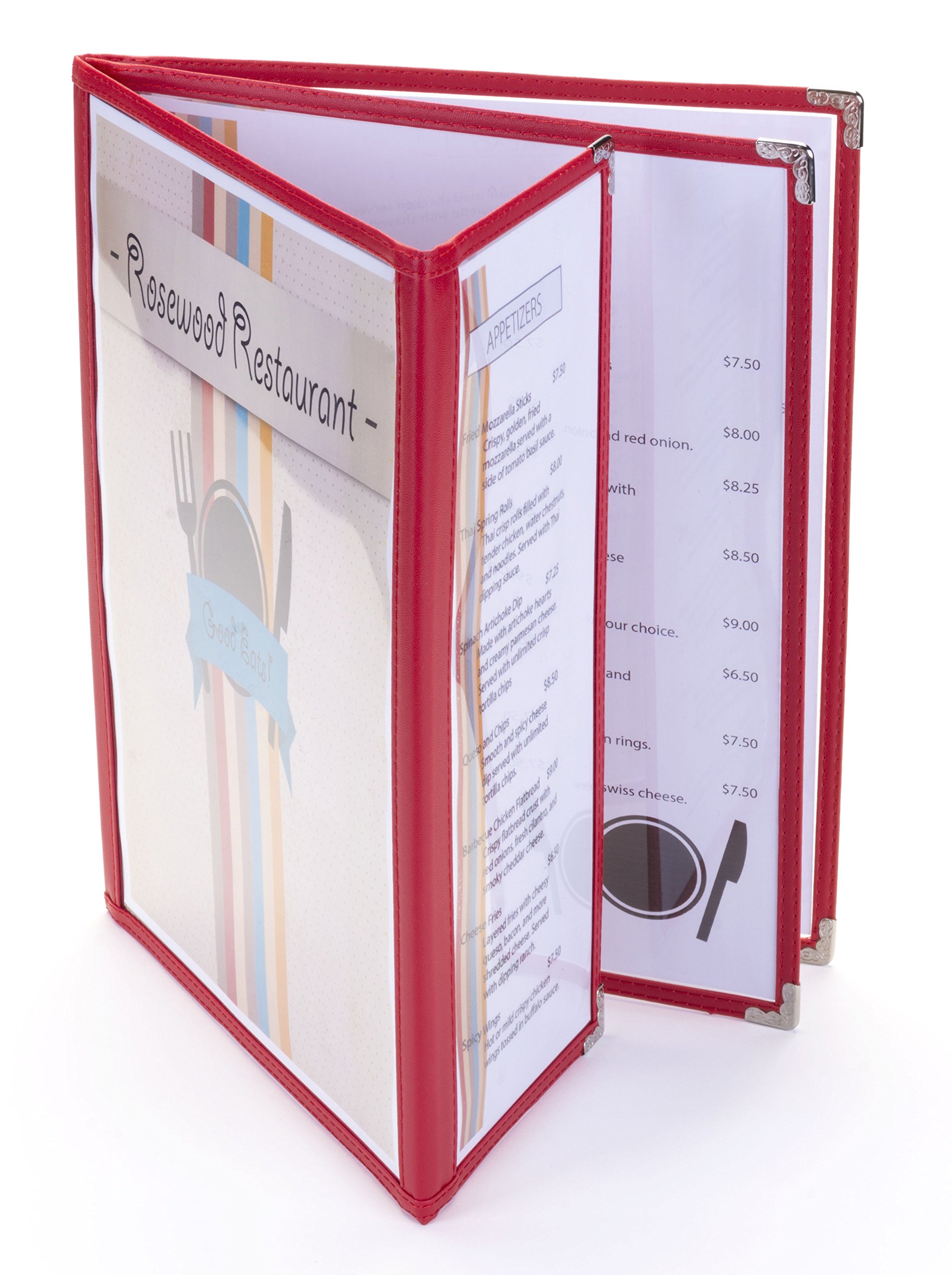 Displays2go Book Style Menu Cover Holder, 8.5-Inch by 11-Inch, Red, Set of 10