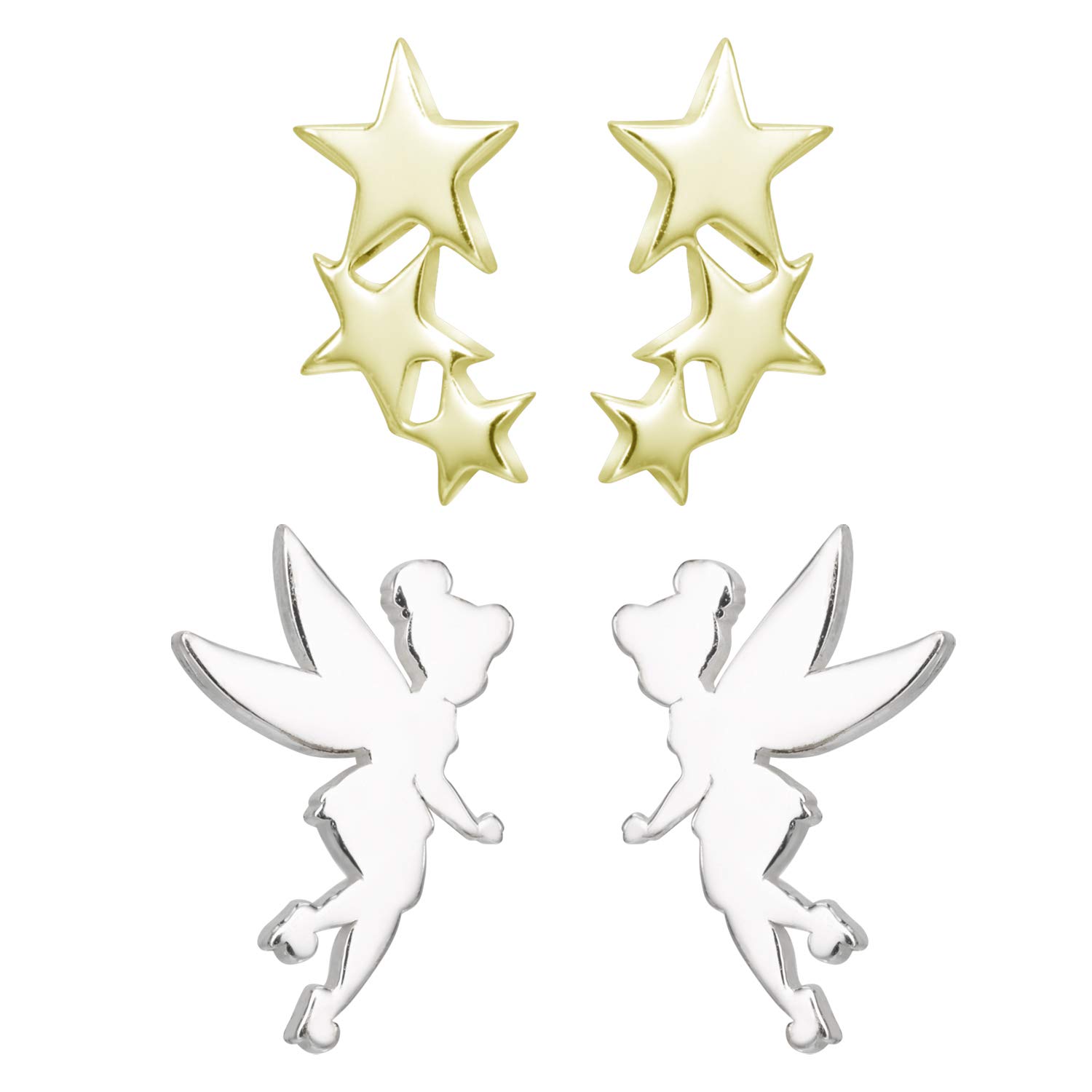 Disney Tinkerbell Earrings, 2 Pairs Stud Earring Set, Sterling Silver Fairy and Stars, Official Licensed Jewelry for Women