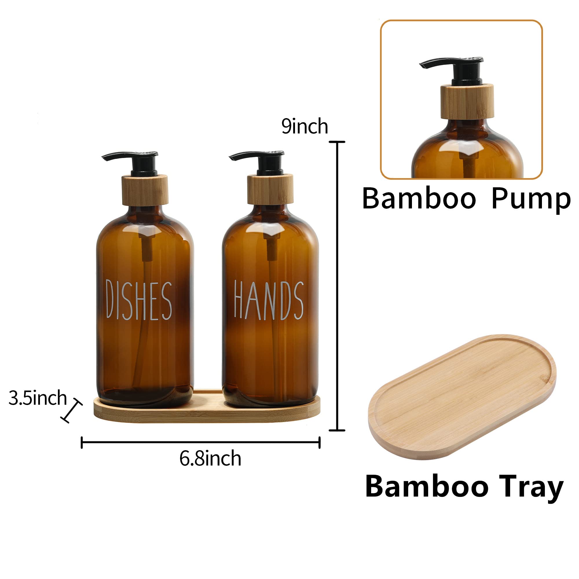 FEILANDUO Glass Soap Dispenser Set, Dish Soap Dispenser for Kitchen Sink, Hand Soap Dispenser for Bathroom with Bamboo Pump and Soap Tray, Farmhouse Home Decor (A- 2pcs Amber)